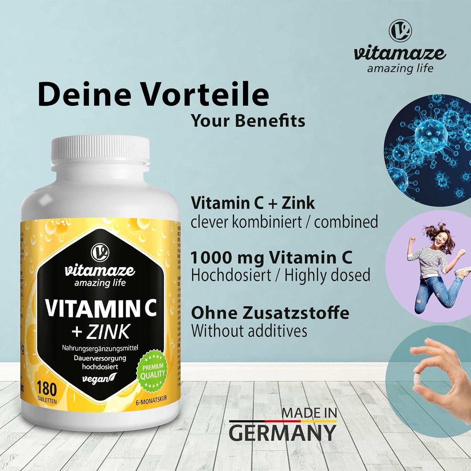 Buy Vitamin C 1000mg + Zinc - Vegan Bioavailable 180 Tablets - Natural ...
