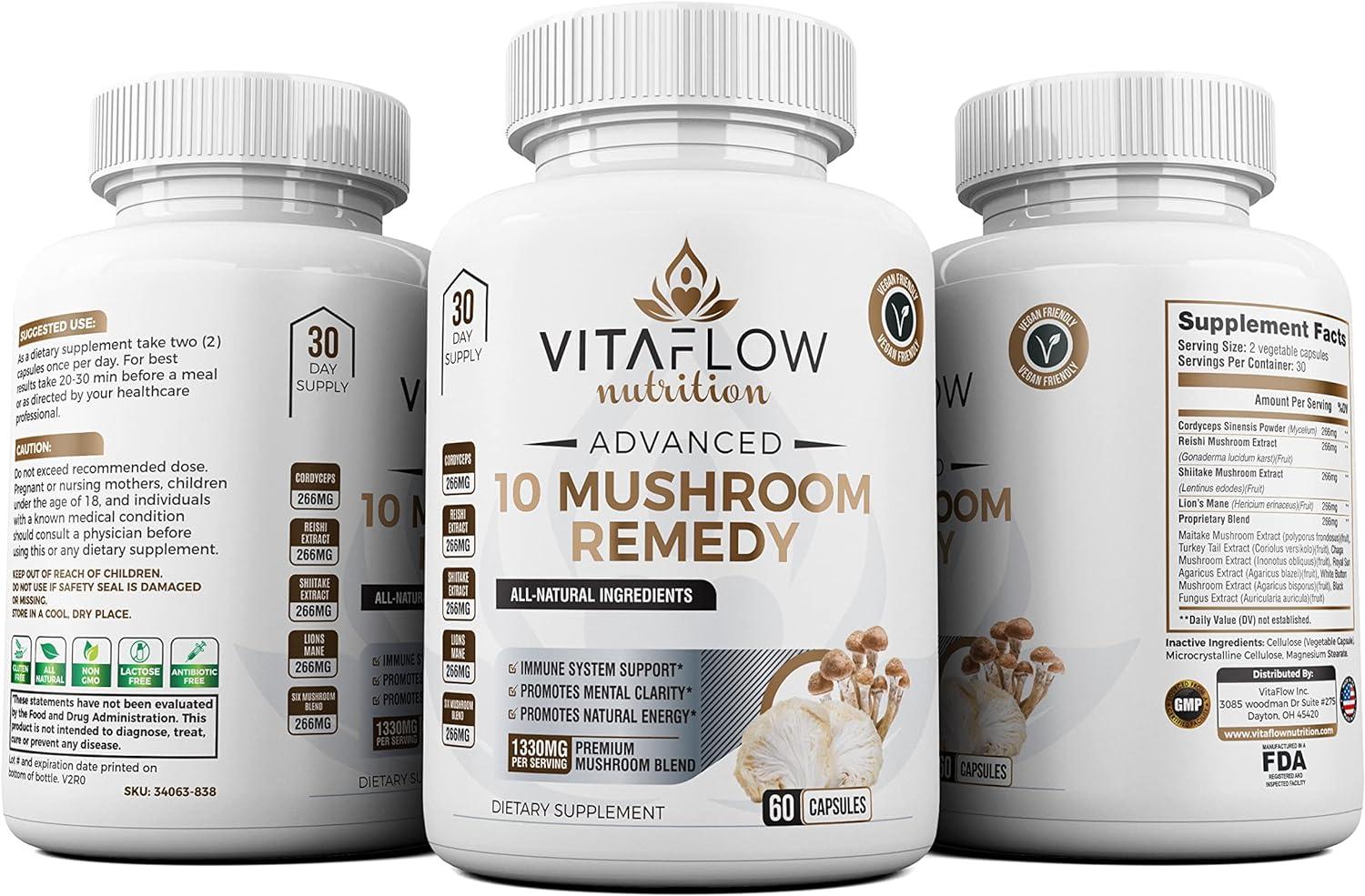 VITAFLOW Nutrition Premium Supplements 10 Mushroom Remedy-60 Capsules ...