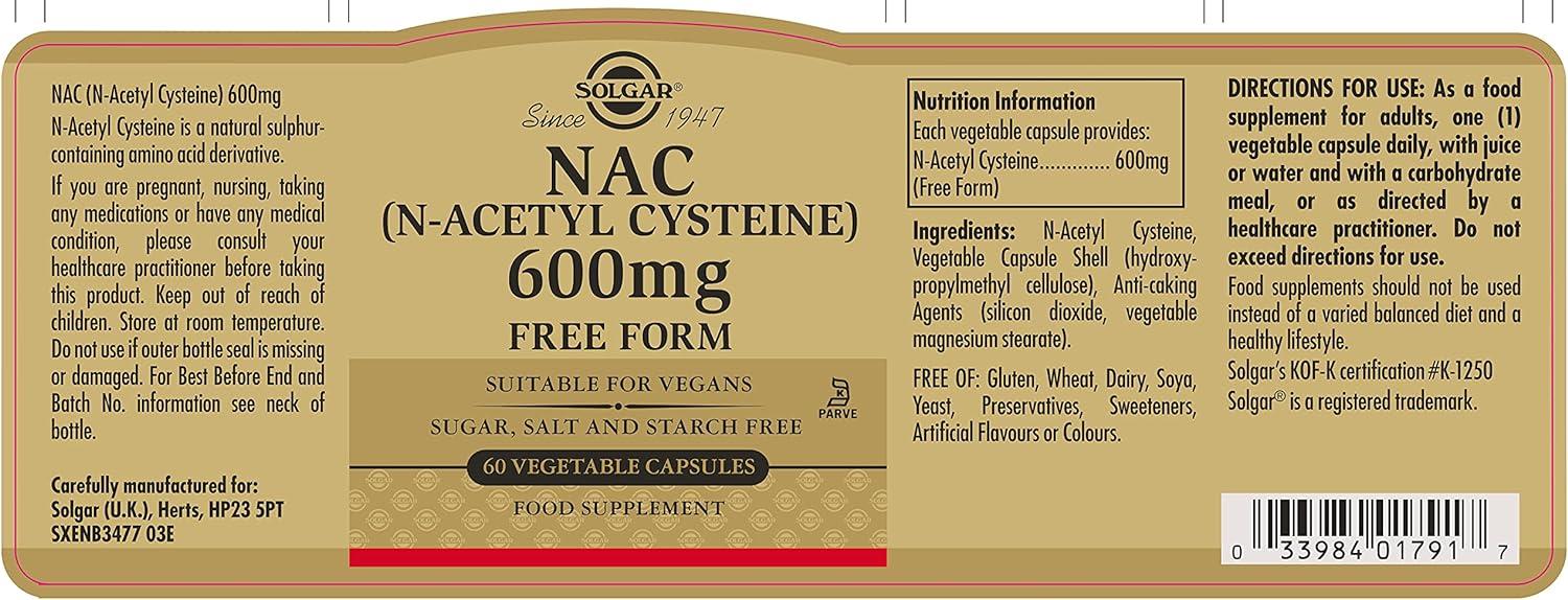 Solgar NAC (N-Acetyl-L-Cysteine) 600 mg Vegetable Capsules - Pack of 60 ...