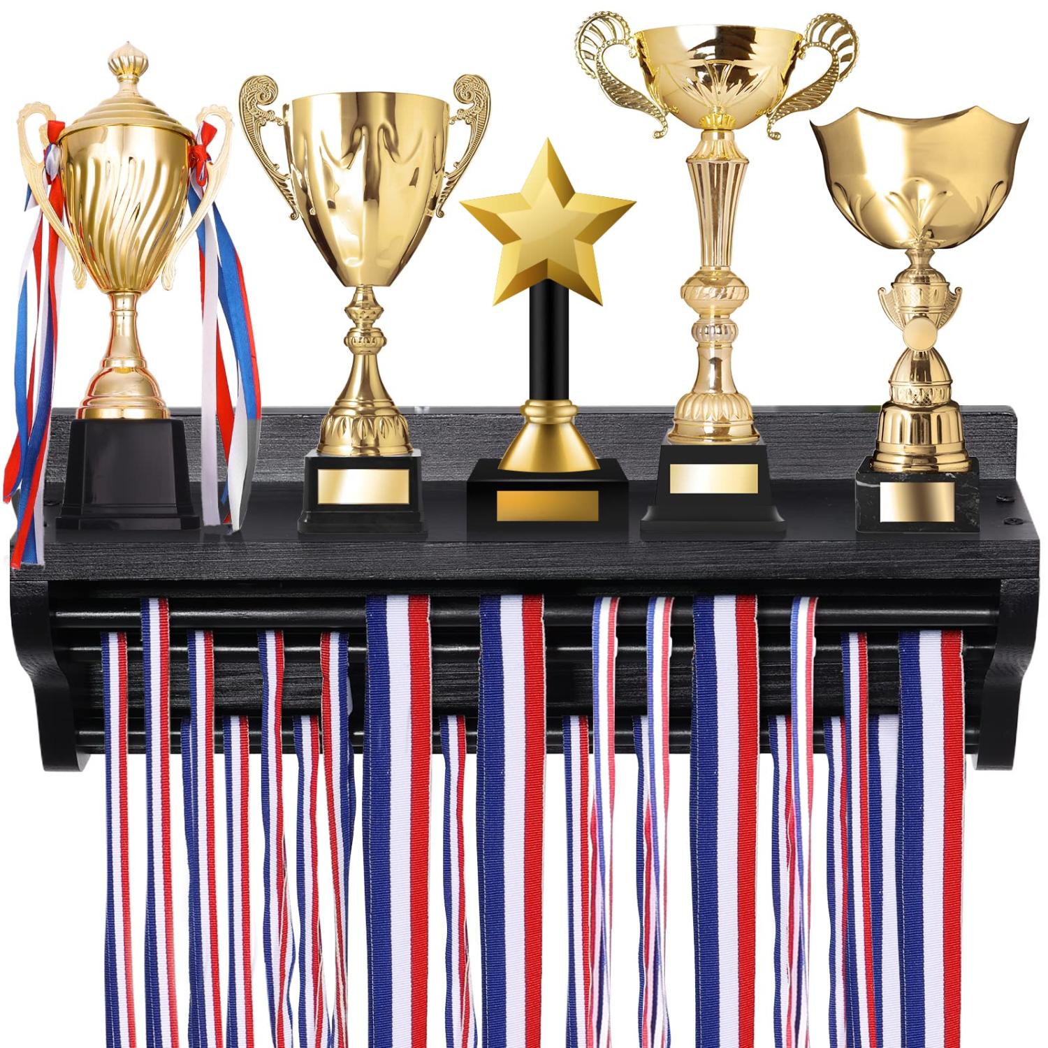 Pllieay Wooden Medal Hanger Display with Shelf - Black Race Medal ...