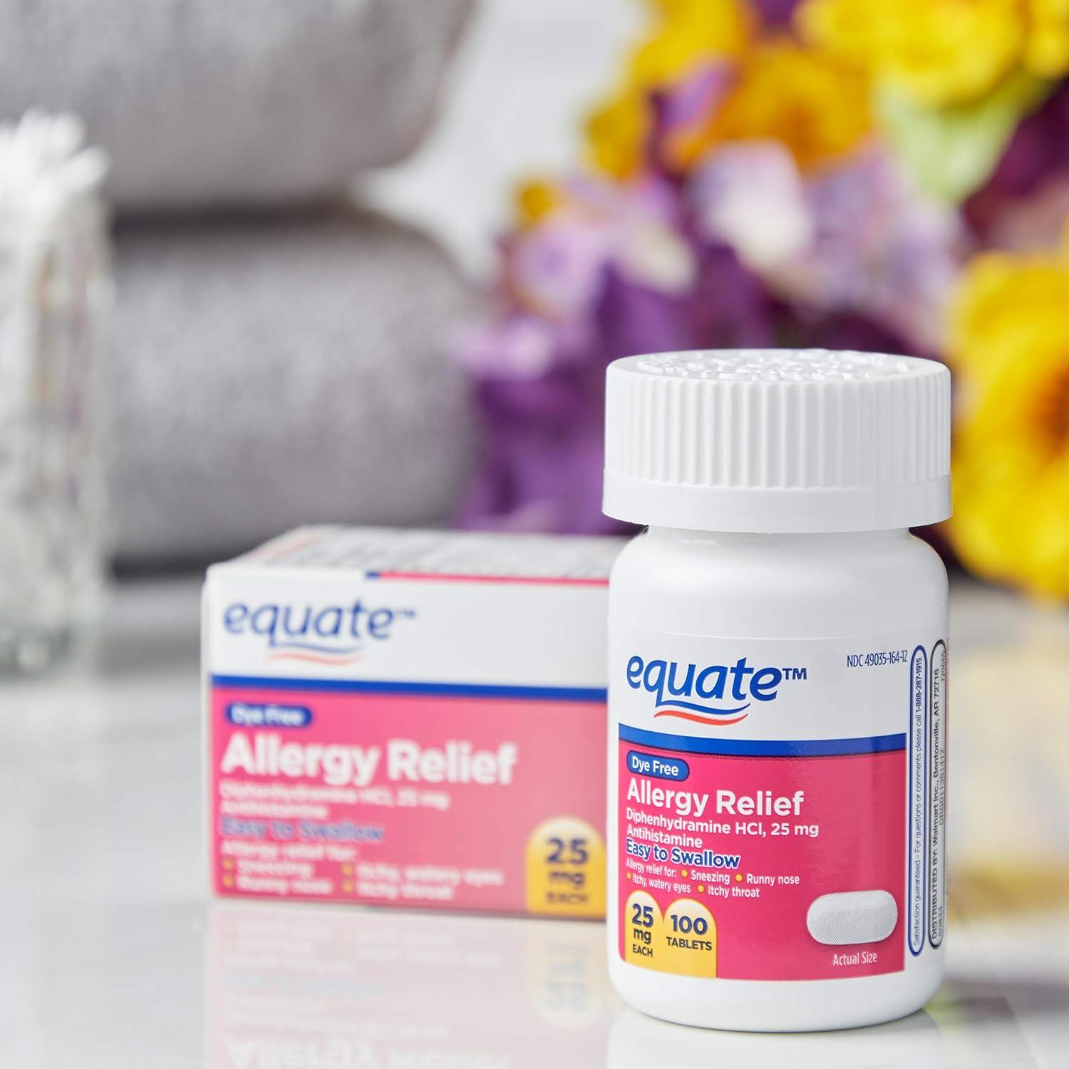 Equate Dye Free Allergy Relief Tablets | Diphenhydramine HCI 25mg | 100 ...
