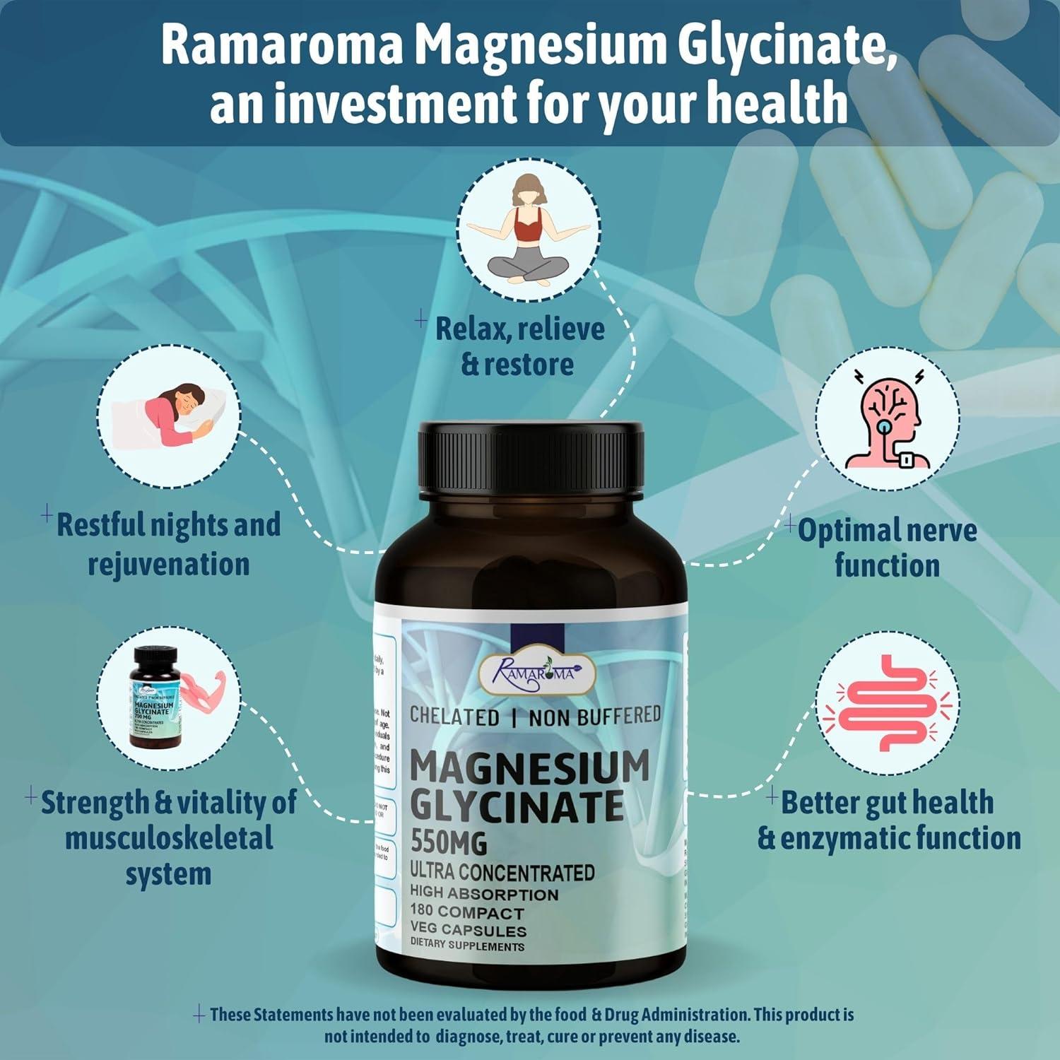 Magnesium Glycinate Capsules 550mg - 180 Vegan Cellulose Capsules ...