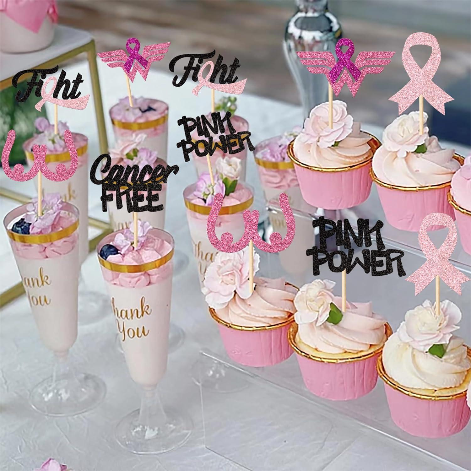 Rsstarxi 24 Pack Breast Cancer Awareness Cupcake Toppers Glitter Pink ...