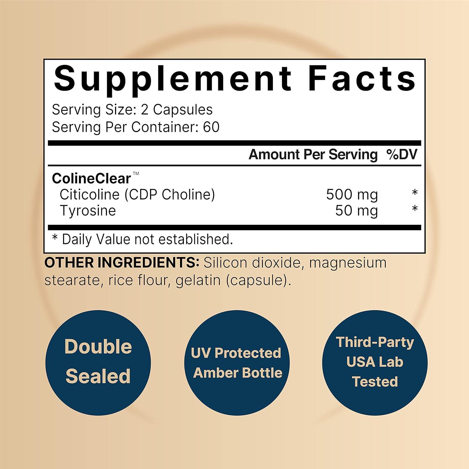 NatureBell Citicoline CDP Choline 500mg + Tyrosine 50mg | 120 Capsules ...