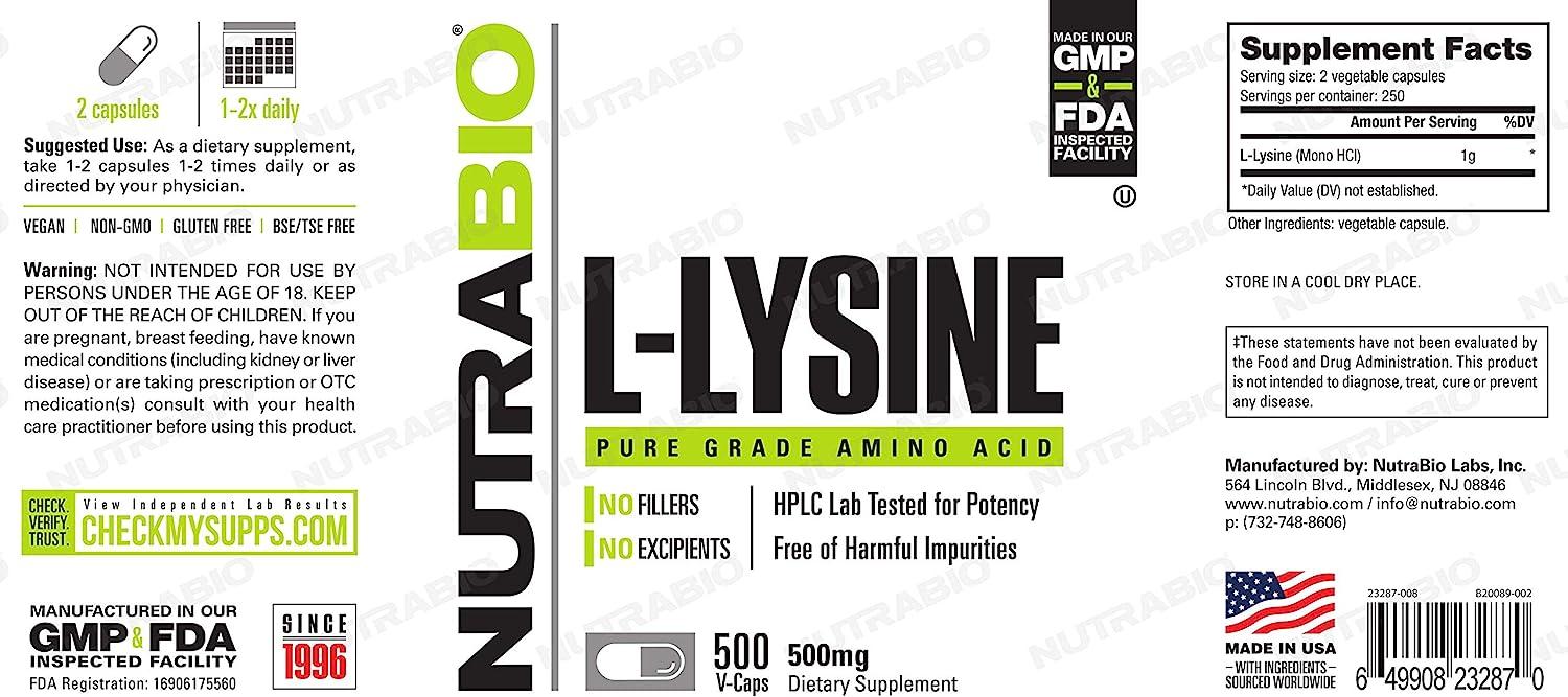 NutraBio L-Lysine (500mg) - 500 Vegetable Capsules - Pure Grade Amino ...