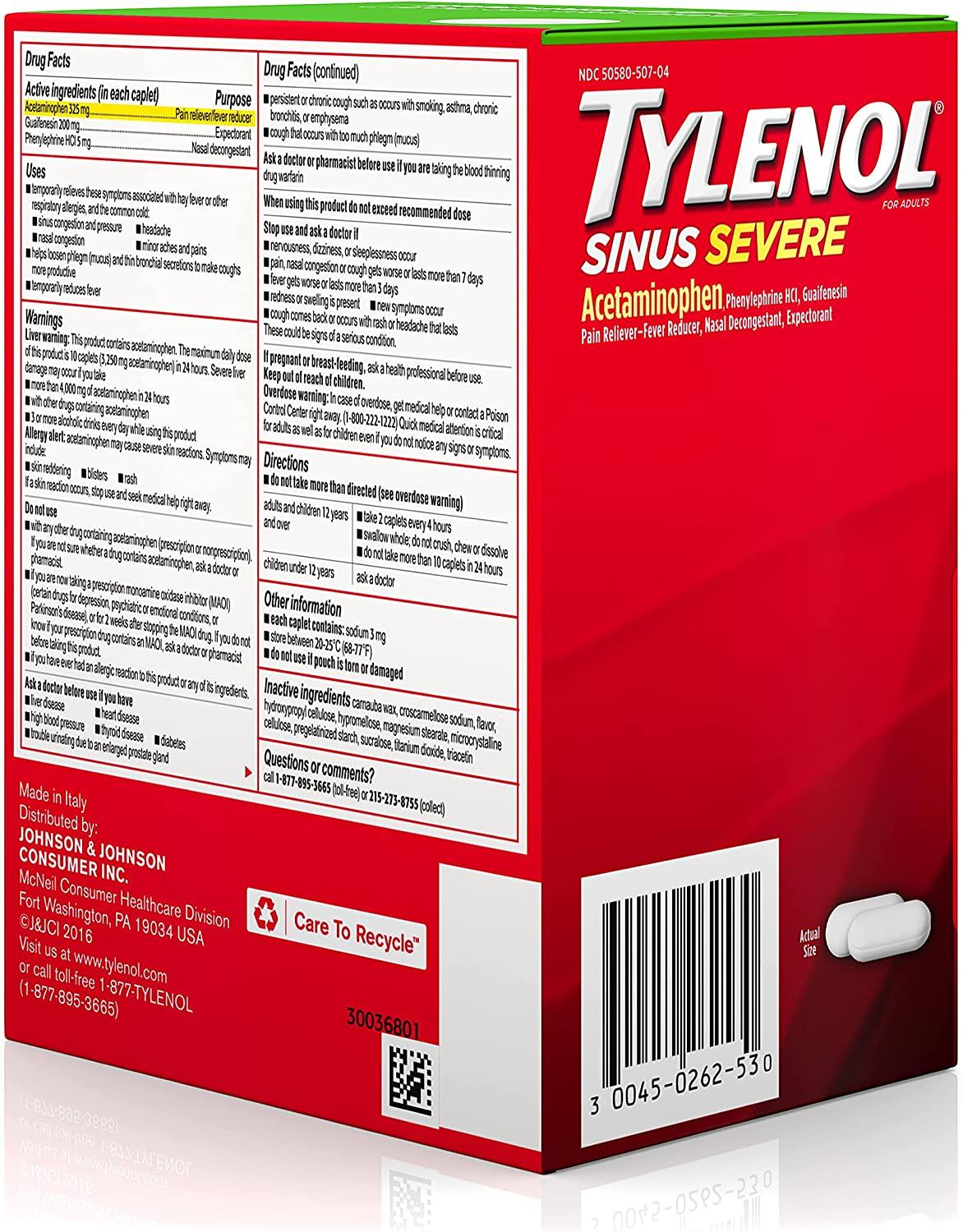 Tylenol Sinus Severe Daytime Caplets for Pain Congestion Relief 50 ...
