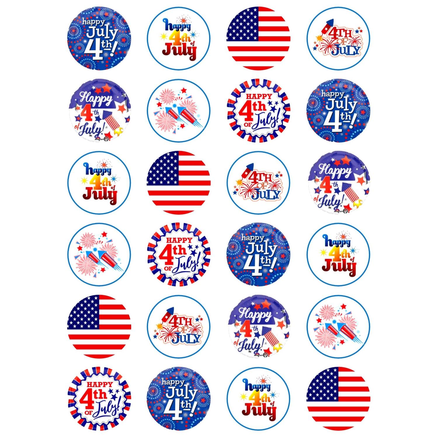 24 x 4th July Mix Edible Wafer or Icing Cupcake Topper Fun American ...