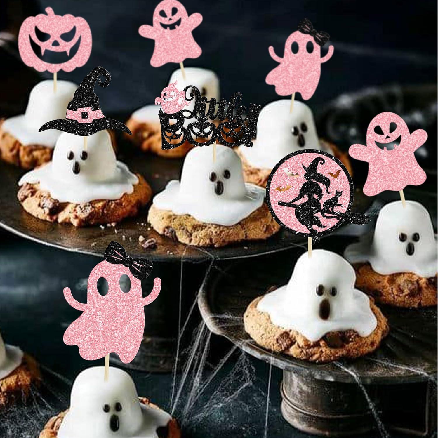 Gyufise 24Pcs Halloween Cupcake Toppers Pink Glitter Ghost Little Boo ...
