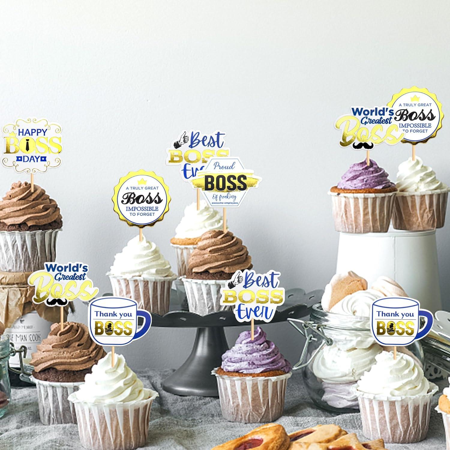Ercadio 24 Pack Happy Boss Day Cupcake Toppers Blue Boss Day Cupcake ...