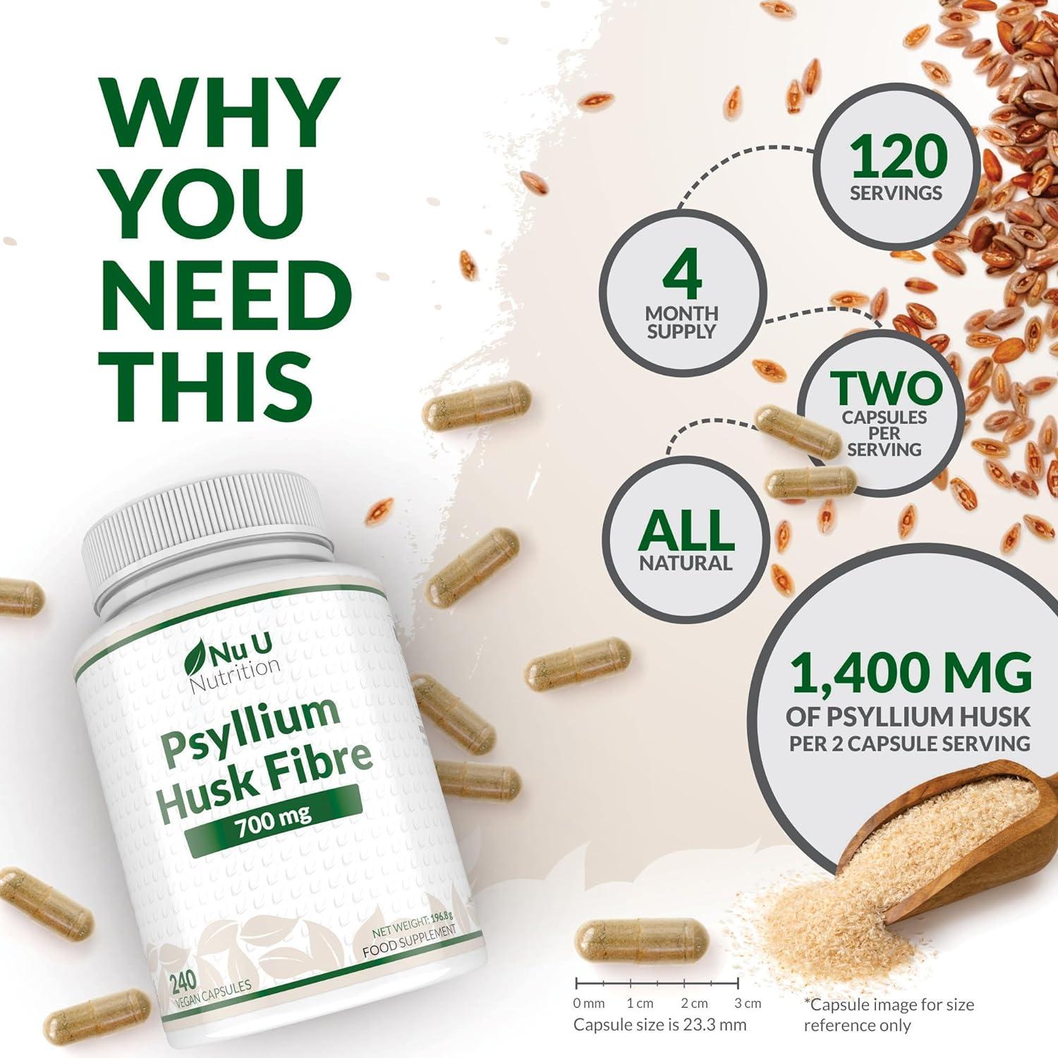 Psyllium Husk Fibre Supplement 1400mg - 240 Vegan Capsules - Prebiotic ...