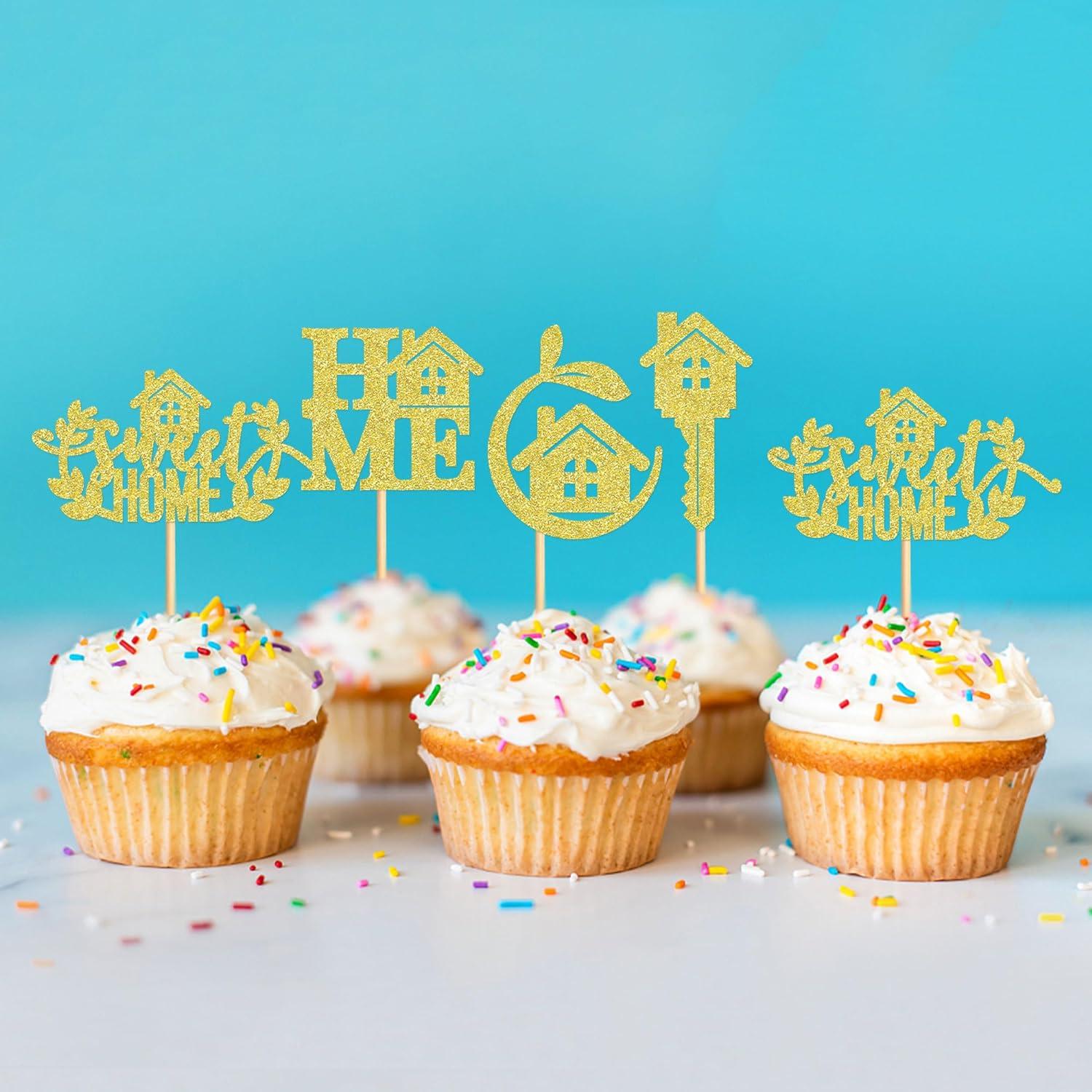 Cyodoos 24 Pcs Sweet Home Cupcake Toppers Glitter Welcome home Cupcake ...