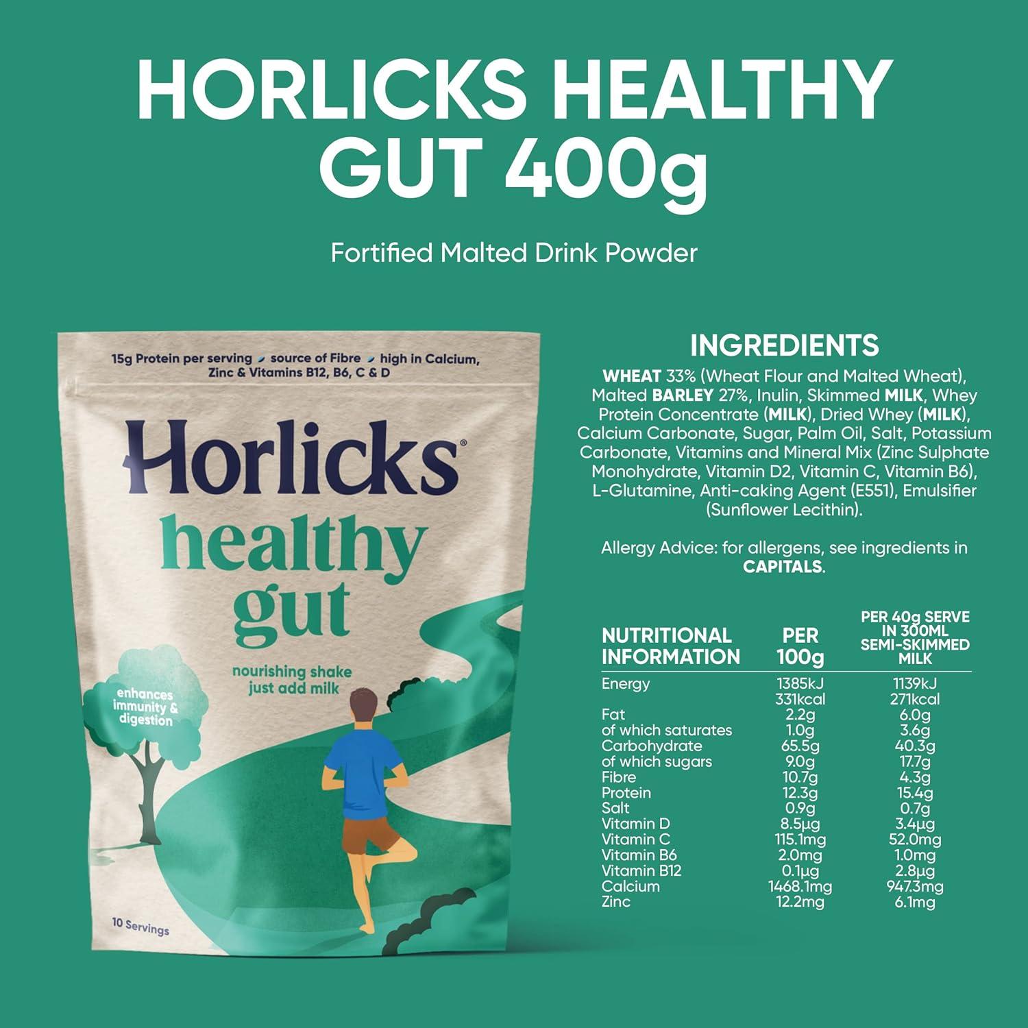 Horlicks Healthy Gut 400g: Malted Milk Protein Powder with Vitamin B12 ...