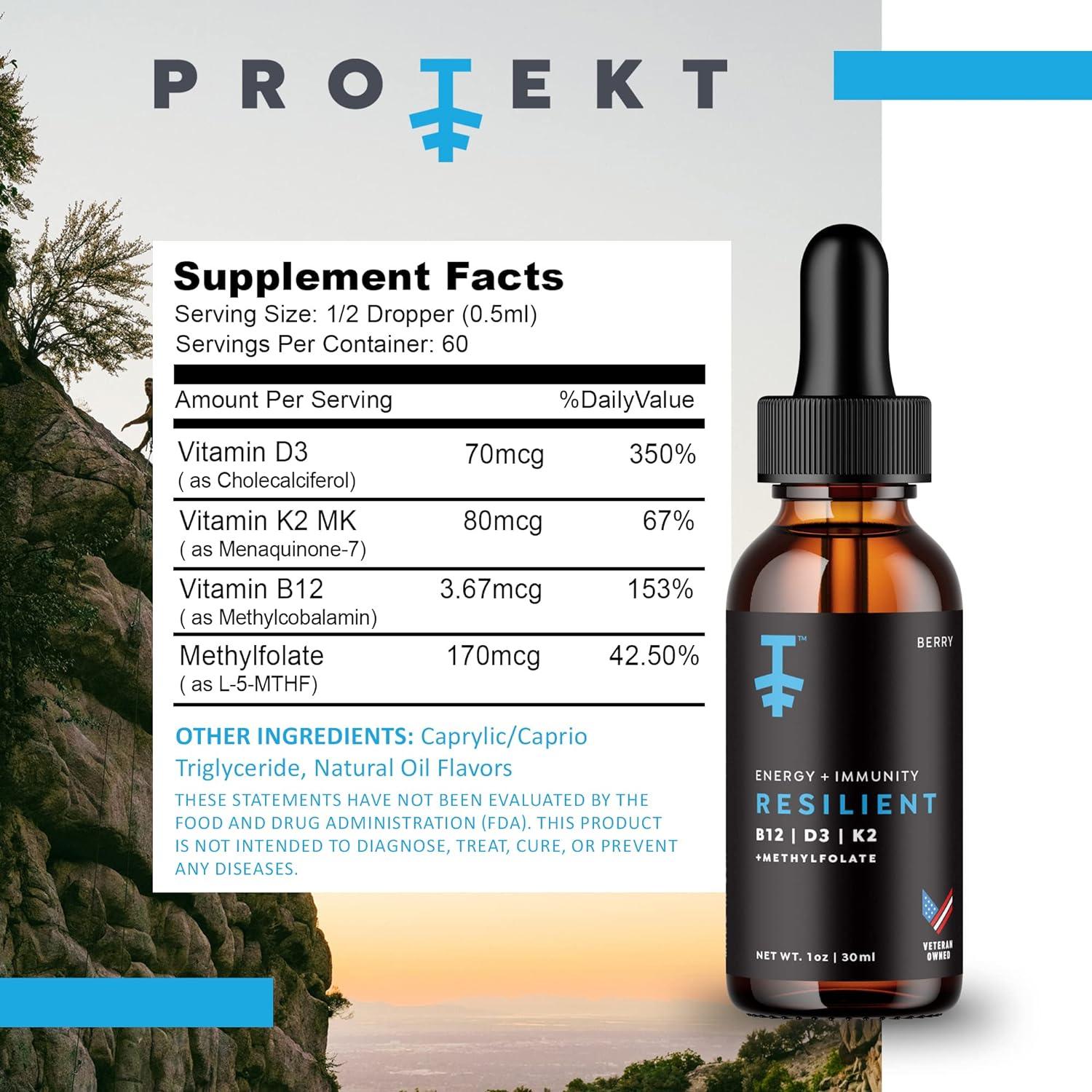 Protekt Resilient Liquid Vitamin B12 D3 K2 Tincture with Methylfolate ...