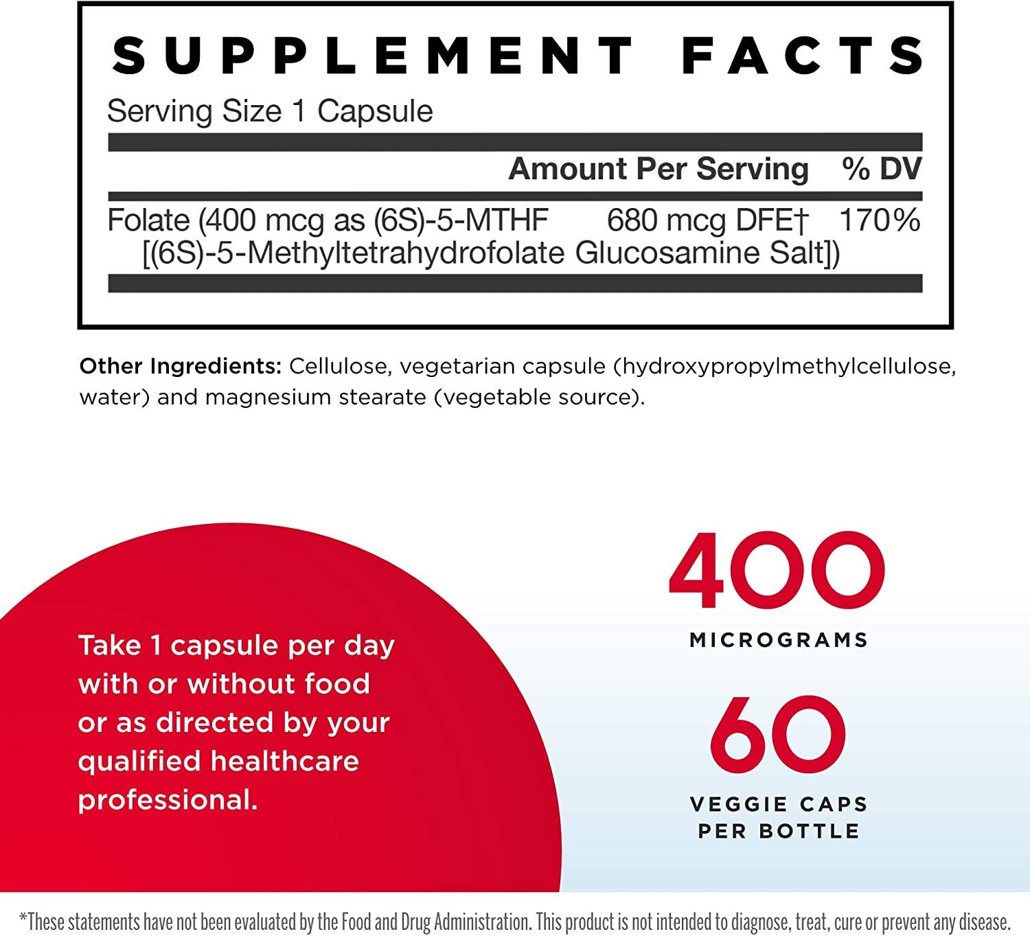 Jarrow Formulas Methyl Folate 400 mcg - 60 Veggie Caps (Pack of 2 ...