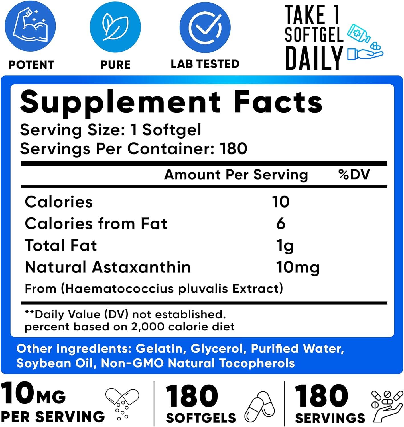 Astaxanthin 10mg Softgel - 180 Softgels | Antioxidant Supplement for ...