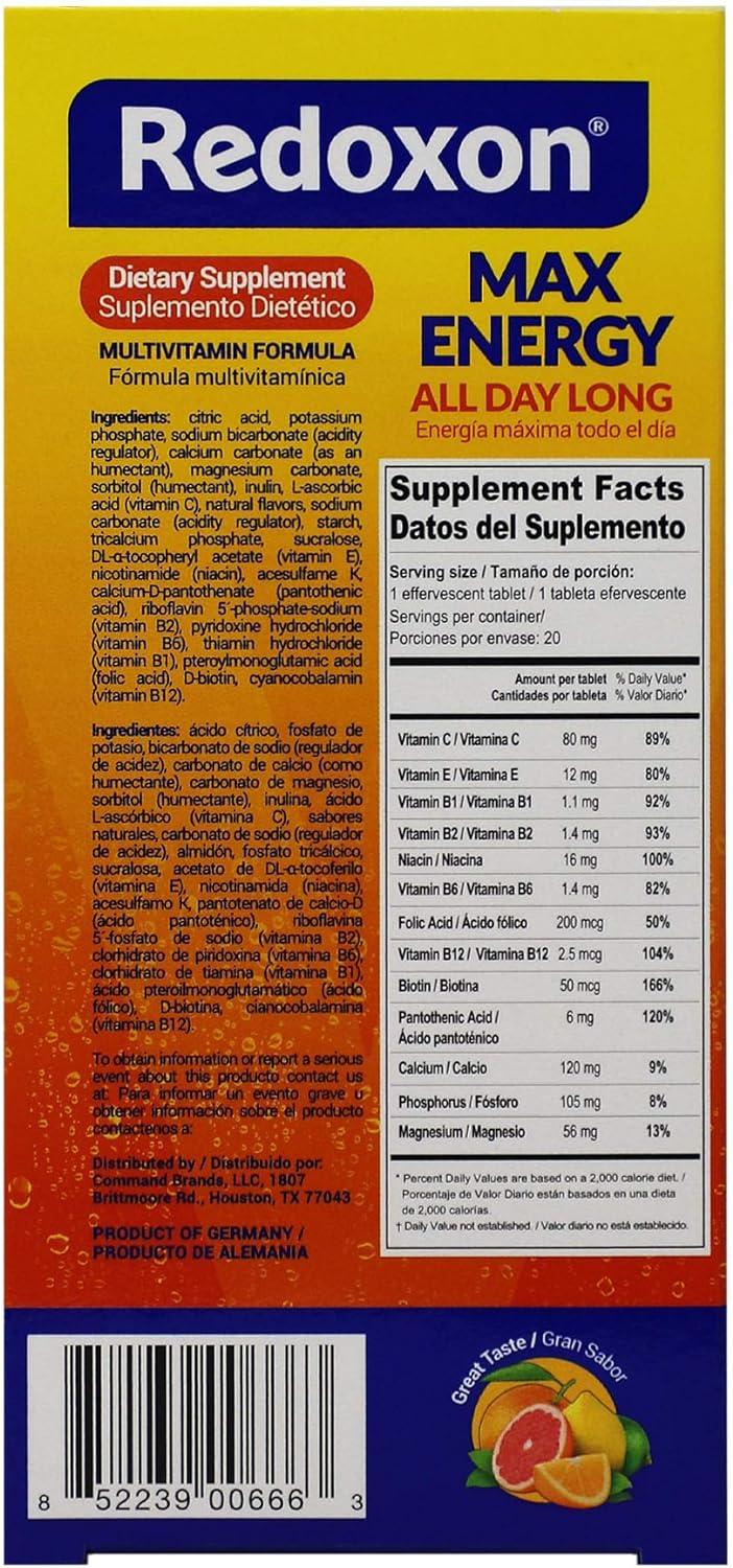 Redoxon Max Energy Multivitamin | Citrus Flavored B12 B2 B6 | Sustained ...