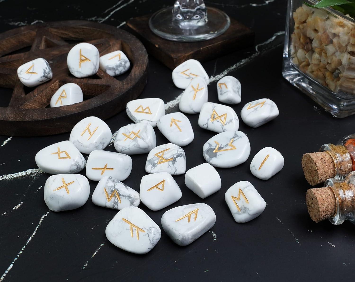Crocon Howlite Rune Stones Set - Engraved Elder Futhark Crystal Runes ...
