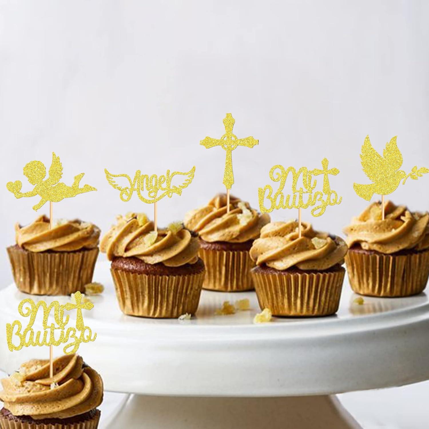Ercadio 30 Pack Mi Bautizo Cupcake Toppers Gold Glitter Cross Angel ...