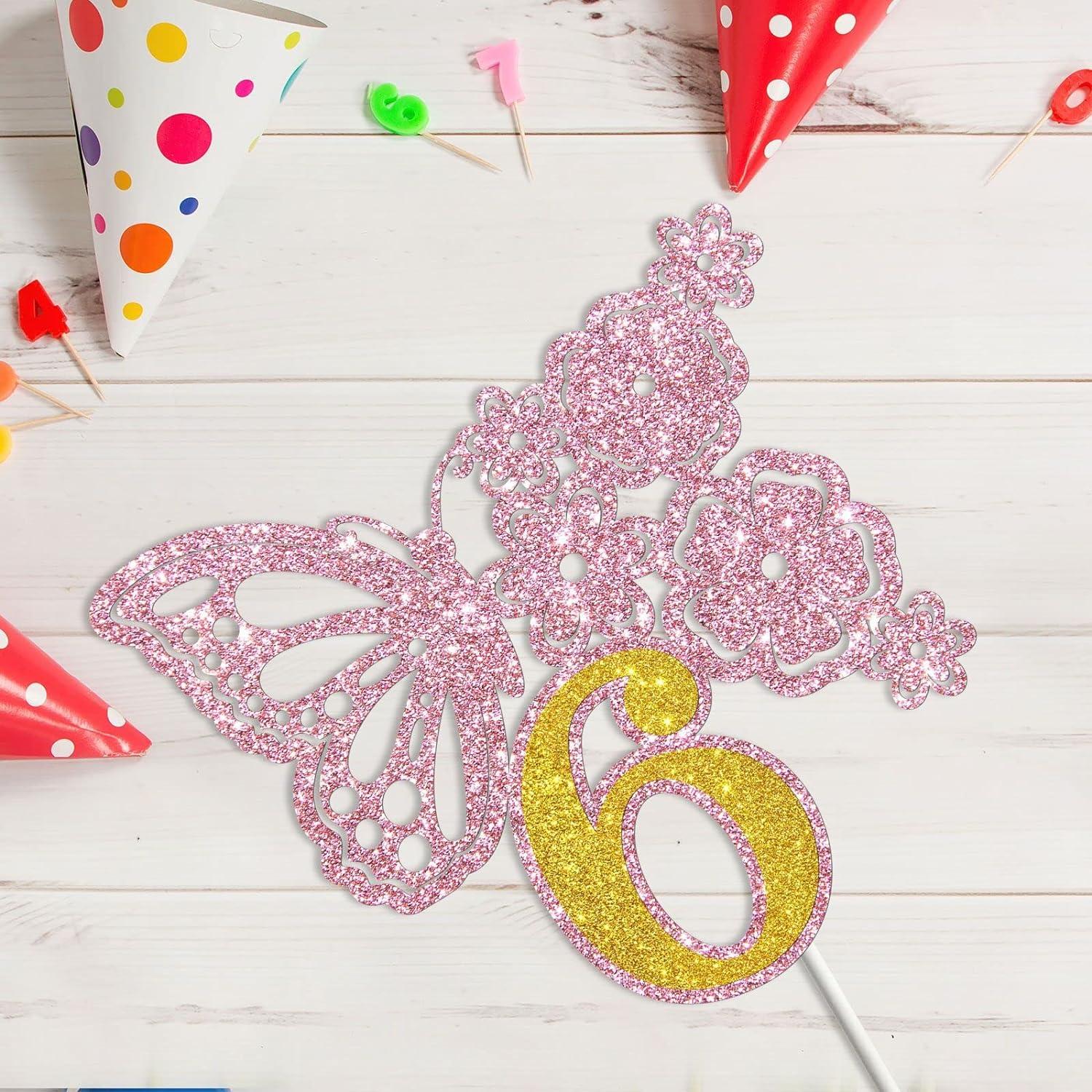 Tenhaisi Pink & Gold 3D Butterfly Flower Sign 6 Cake Topper - Happy 6th ...