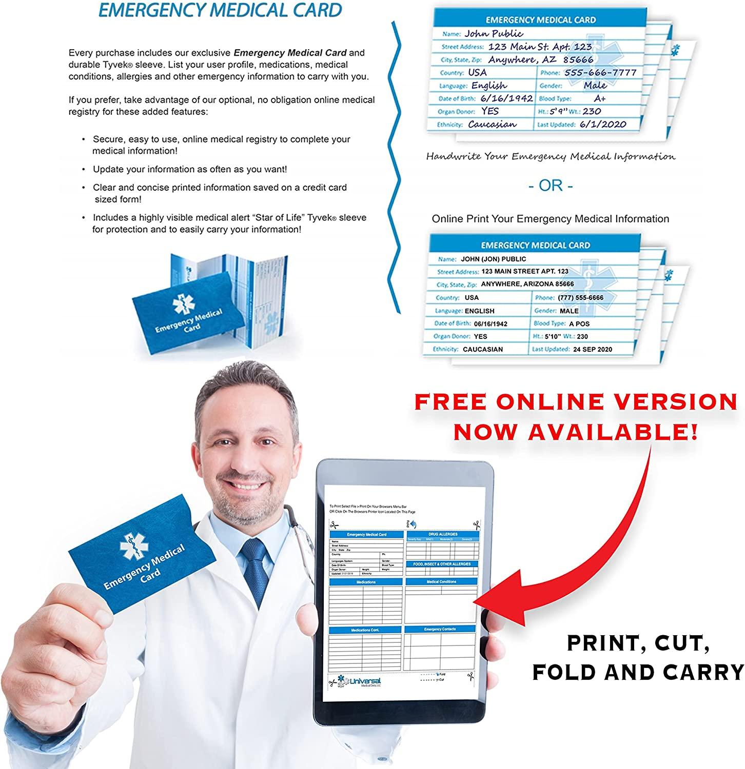 Medical Alert Wallet Cards with Tyvek Sleeves - Emergency Medical Card ...