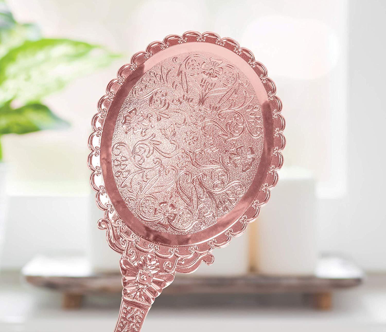 Vintage Rose Gold Oval Hand Mirror with Handle - Vanity & Travel Makeup ...