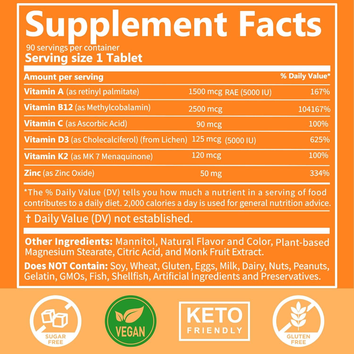 Vitamin ADK+B12 - 5000 IU Vitamin A D3, 2500mcg Methyl B12 Sublingual ...