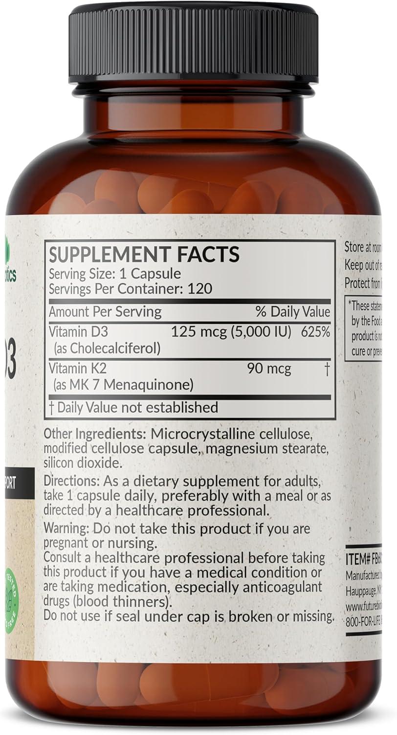 Futurebiotics Vitamin K2 (MK7) with D3 Supplement - 5000 IU Vitamin D3 ...