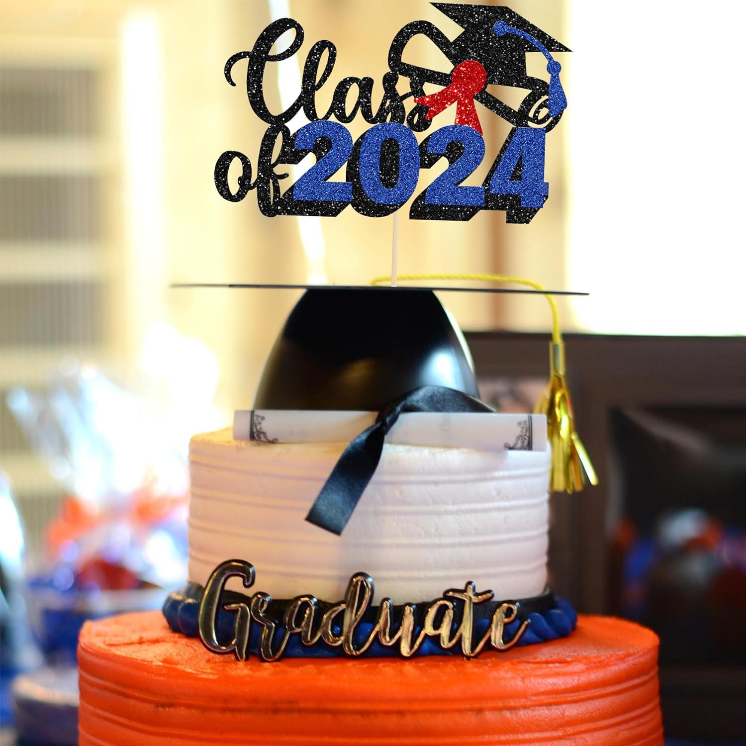 1Pc Class of 2024 Cake Topper Blue Glitter Graduation Cake Topper 2024 ...