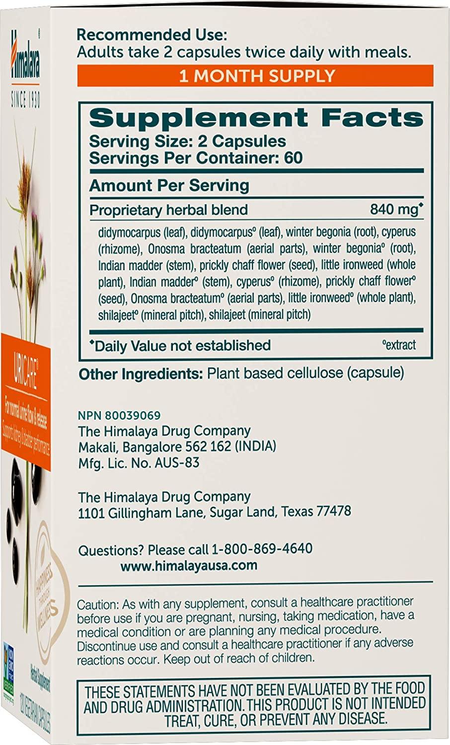 Himalaya UriCare 120 Capsules - 840mg - Kidney & Bladder Support - 1 ...