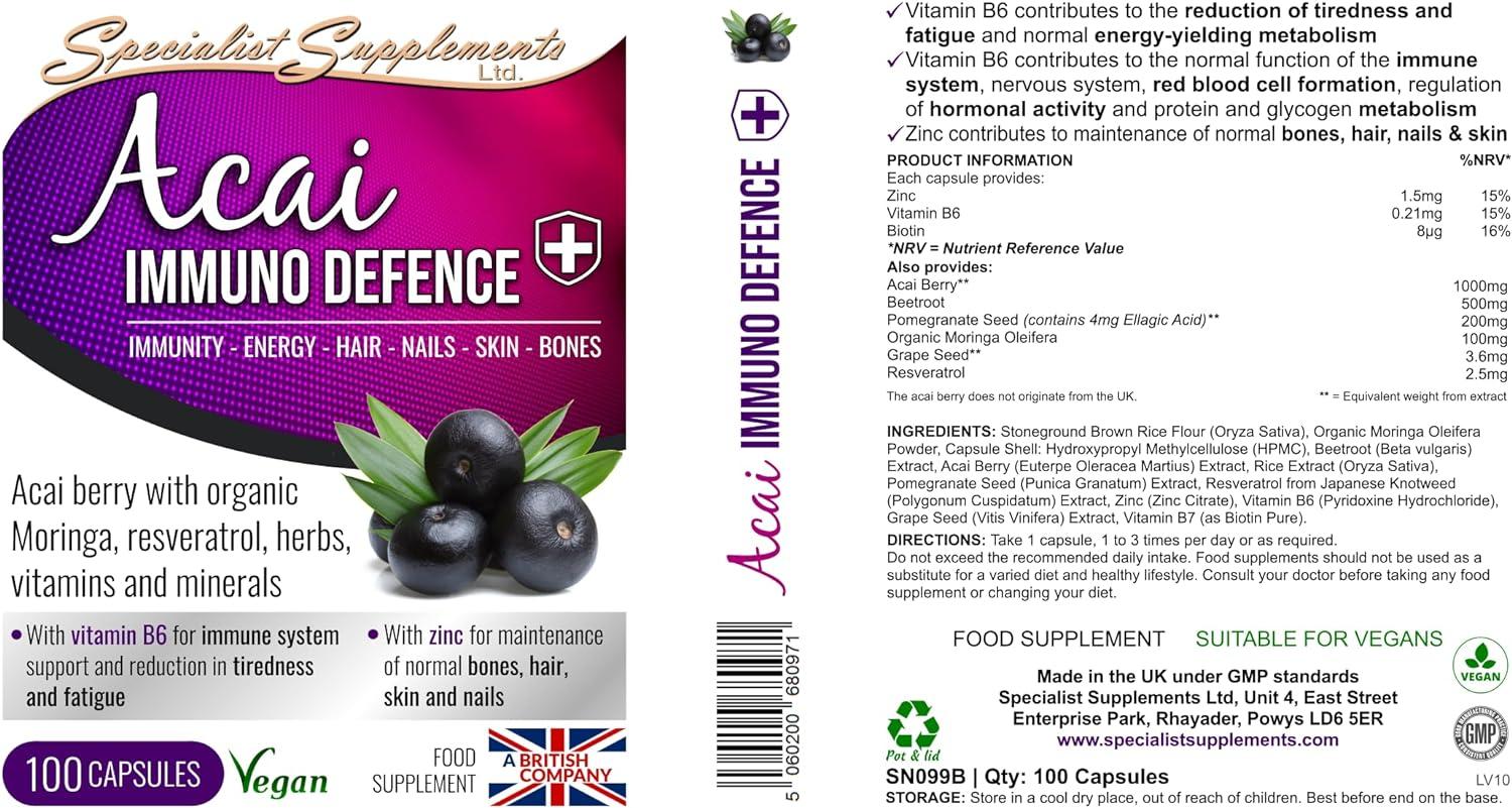 Specialist Supplements Acai Immuno Defence 100 Capsules - Boost Your ...