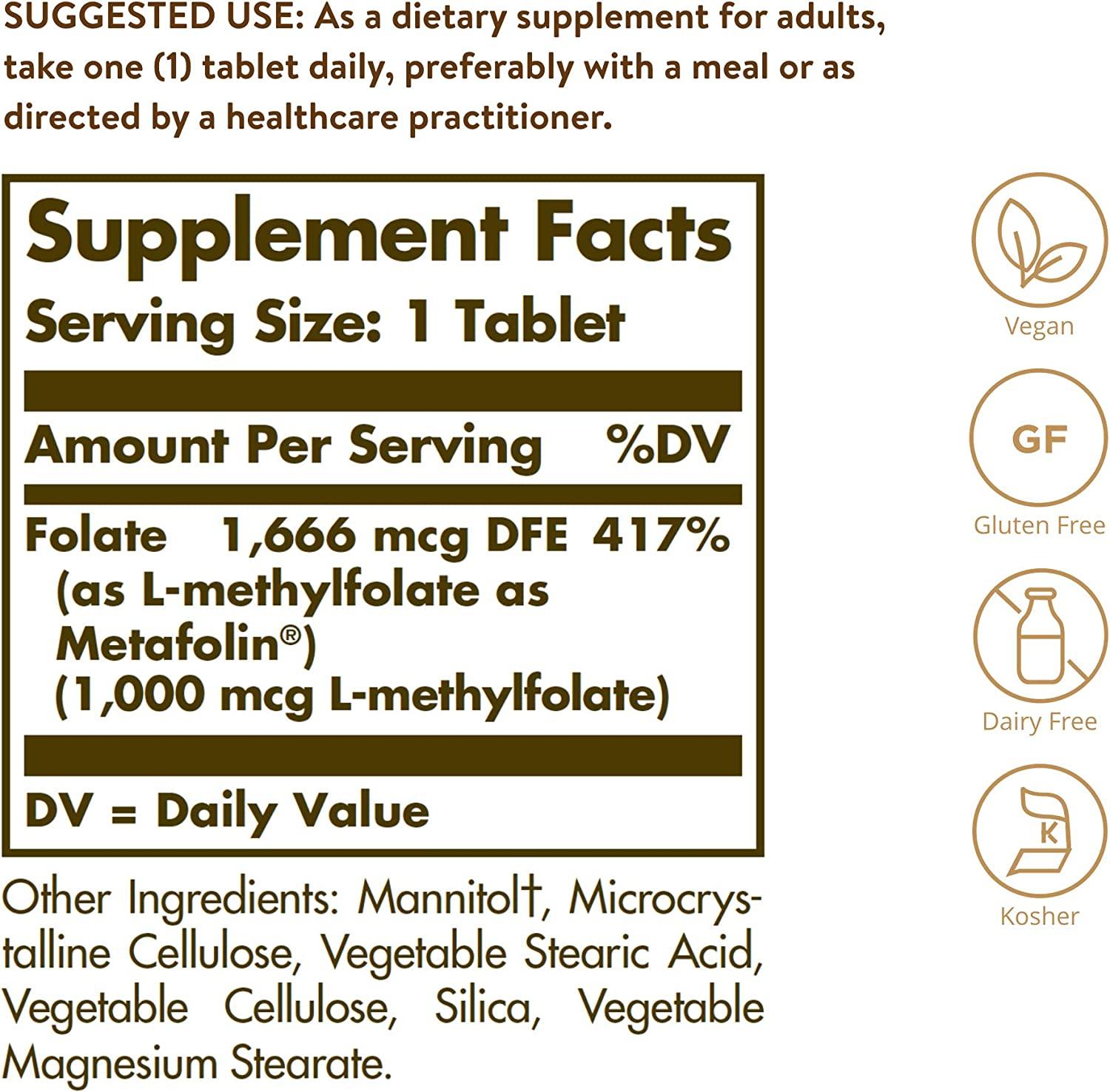 Solgar Folate Metafolin 1000 mcg - 60 Tablets for Optimal Health | Buy ...