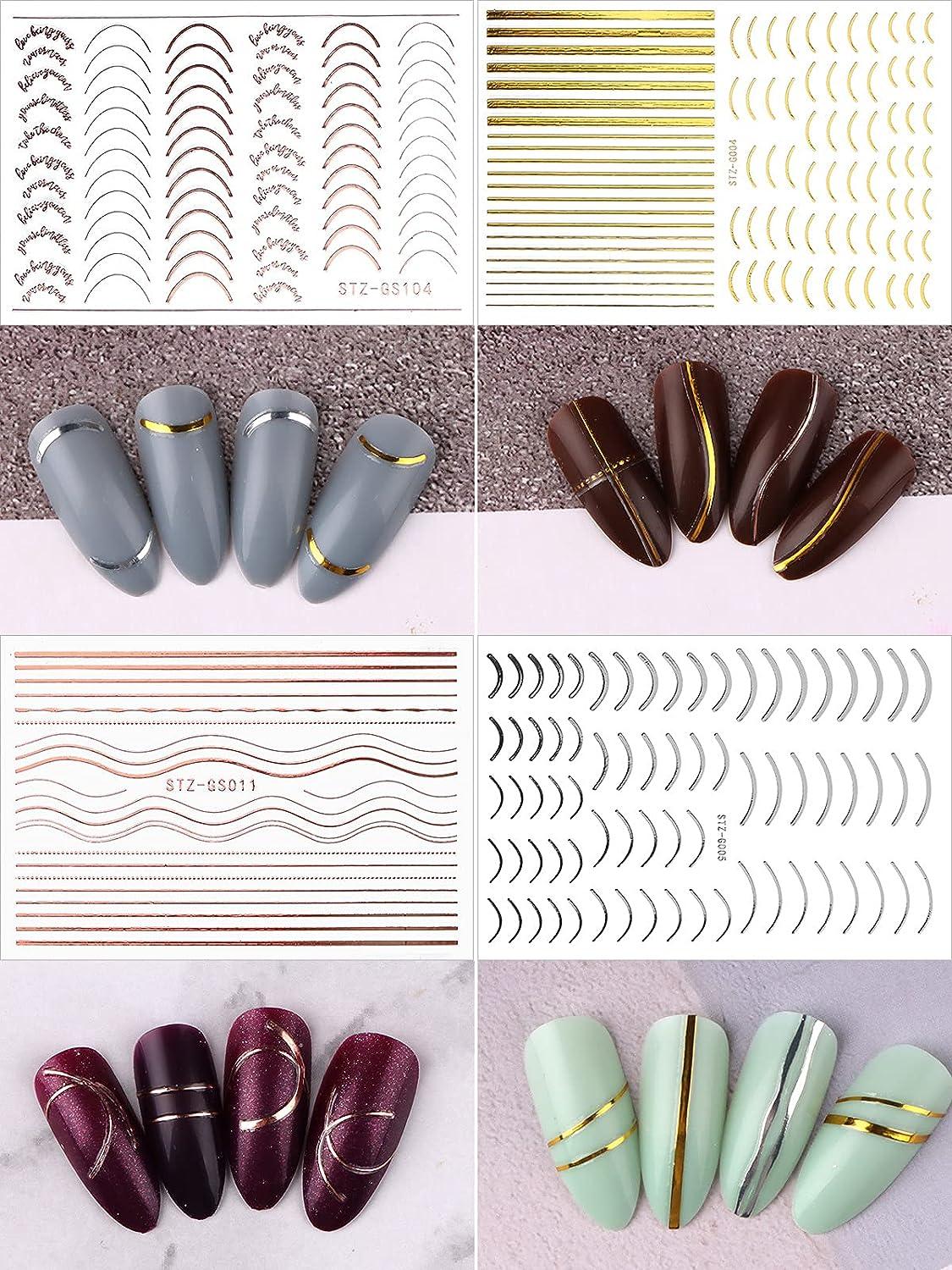 EBANKU 12 Sheets Metallic Nail Stickers - Self-Adhesive 3D Wave Design ...