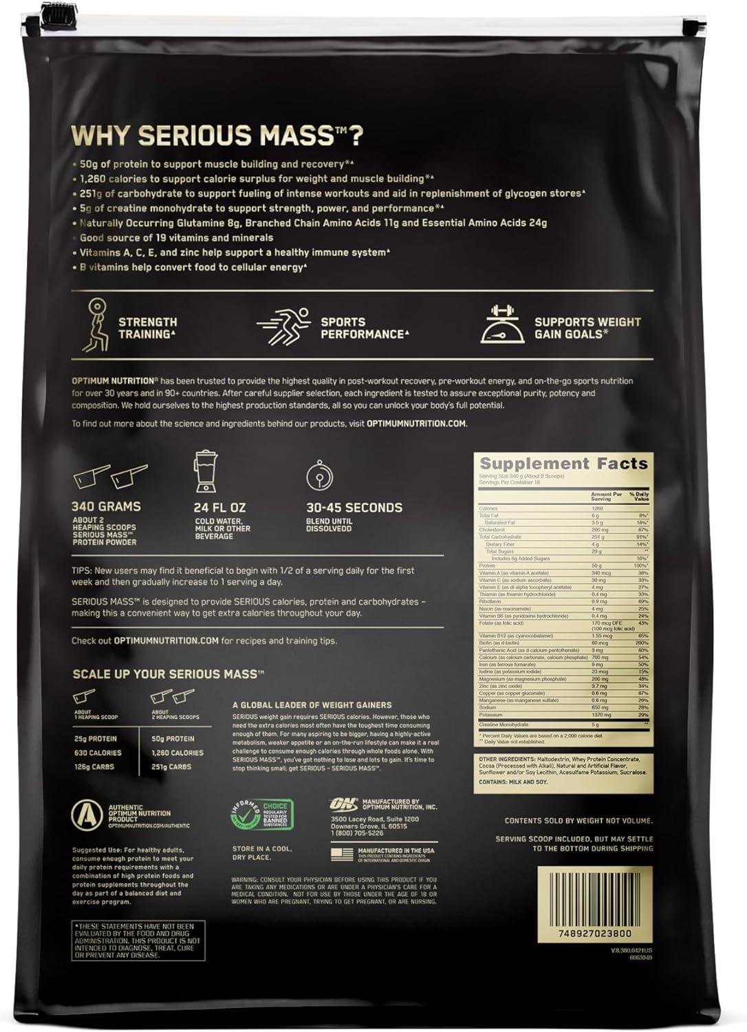 Optimum Nutrition Serious Mass Weight Gainer Protein Powder - Chocolate ...