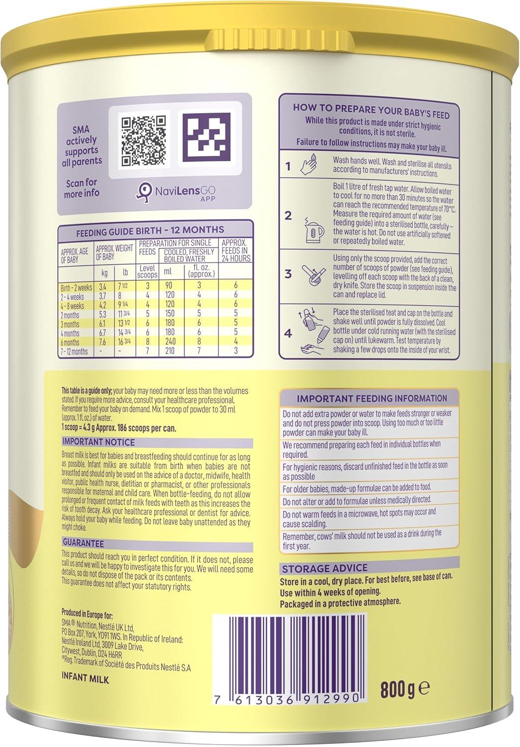 SMA PRO First Infant Baby Milk Powder Formula - From Birth | 800g (Pack ...