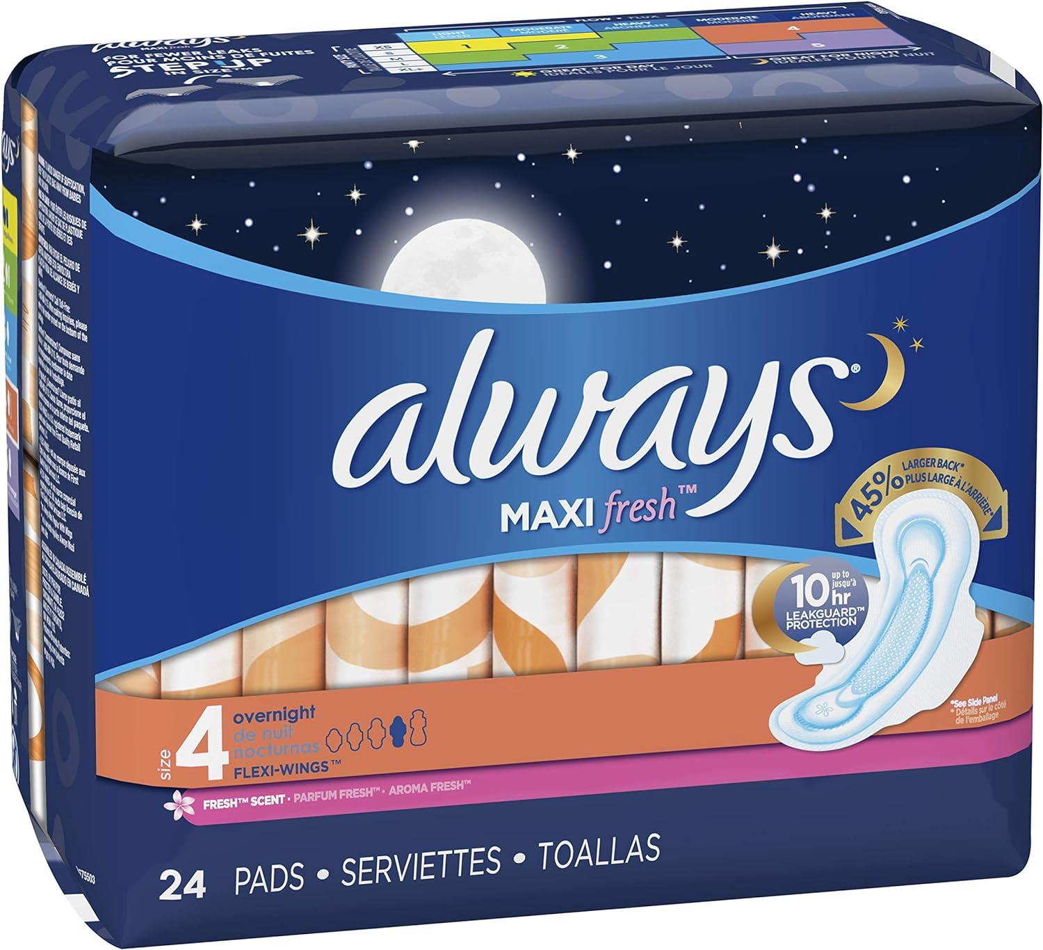 Always Fresh Maxi Flexi-Wings Overnight Pads - 24 Count, Clean Fresh ...