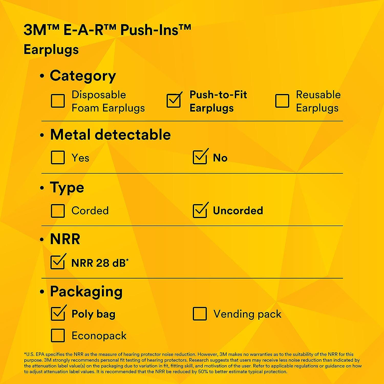 3M E-A-R Push-Ins Earplugs 318-1000 | 28.0 dB | 100 Pair | ANSI Rated ...