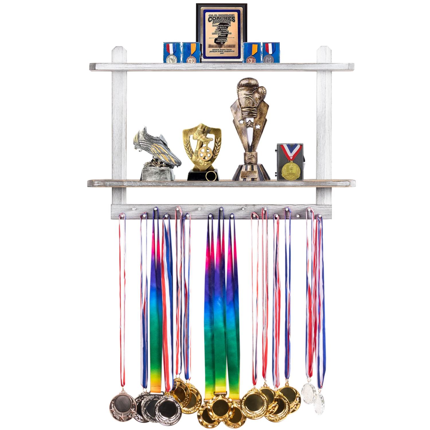 LAVIEVERT Wooden Medal Hanger & Trophy Shelf - Wall-Mounted Race Medal ...