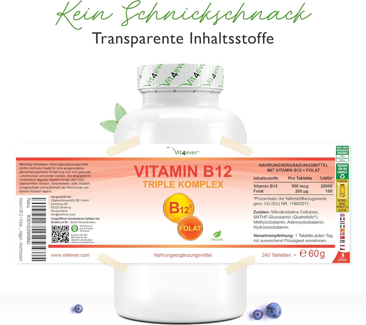 Buy Vegan Vitamin B12 Complex - 240 Tablets (500 g B12 + 200 g Folic ...