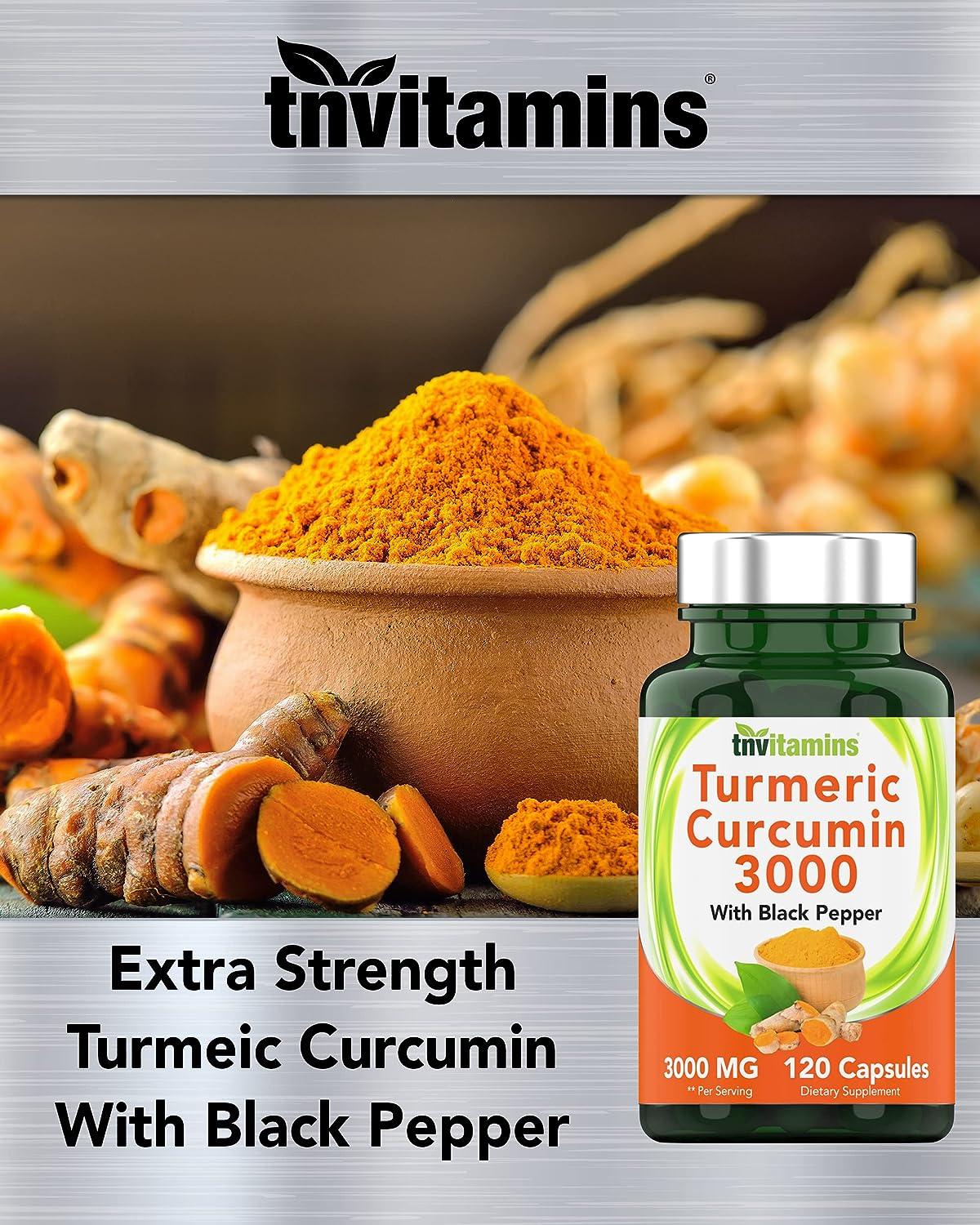 TNVitamins Turmeric Curcumin Capsules | 3000mg with Black Pepper | 120 ...