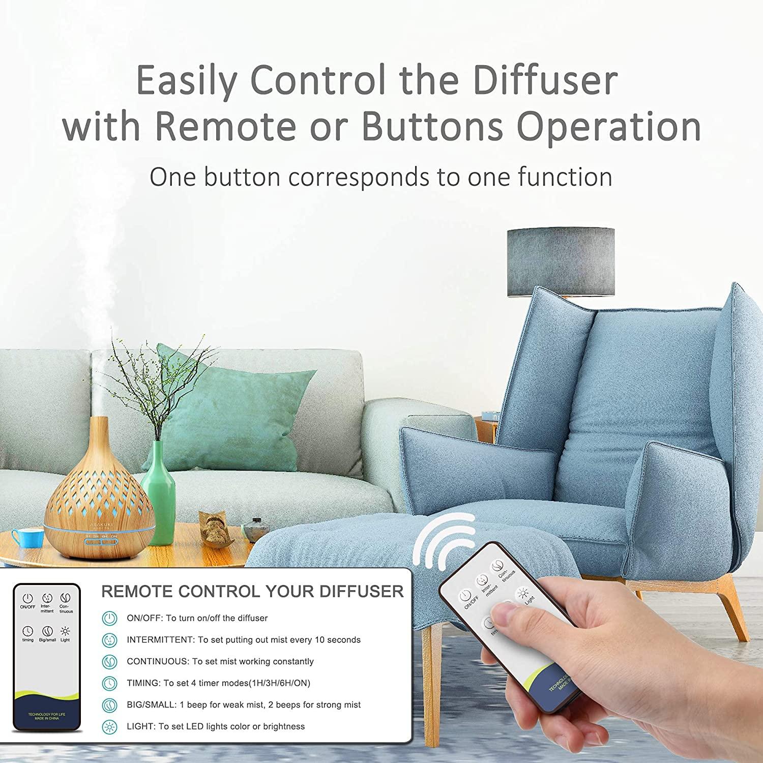 ASAKUKI 400ml Essential Oil Diffuser with Remote Control - Cool Mist ...