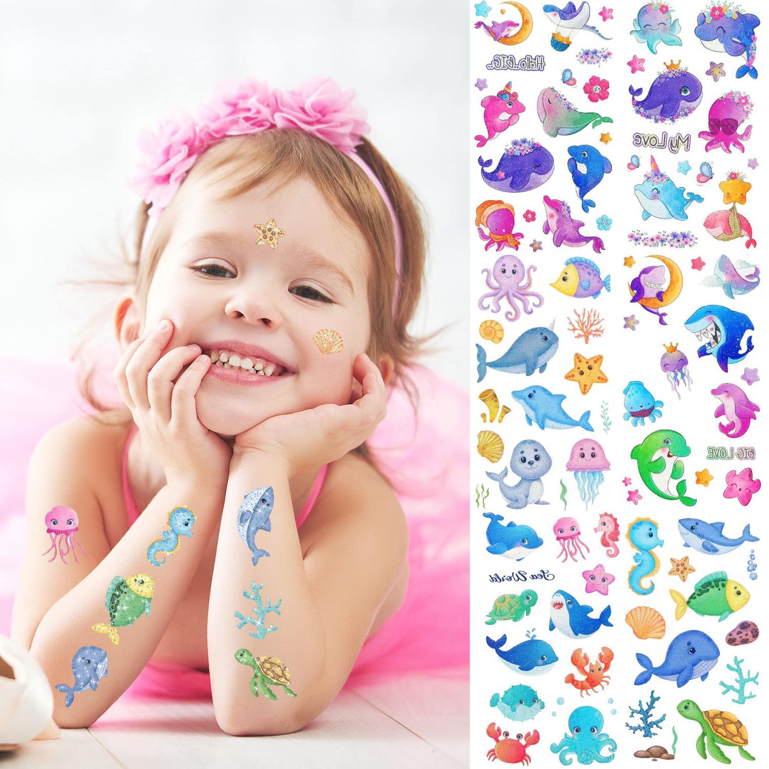 10 Sheets Glitter Temporary Tattoos - Cartoon Ocean Theme for Kids ...