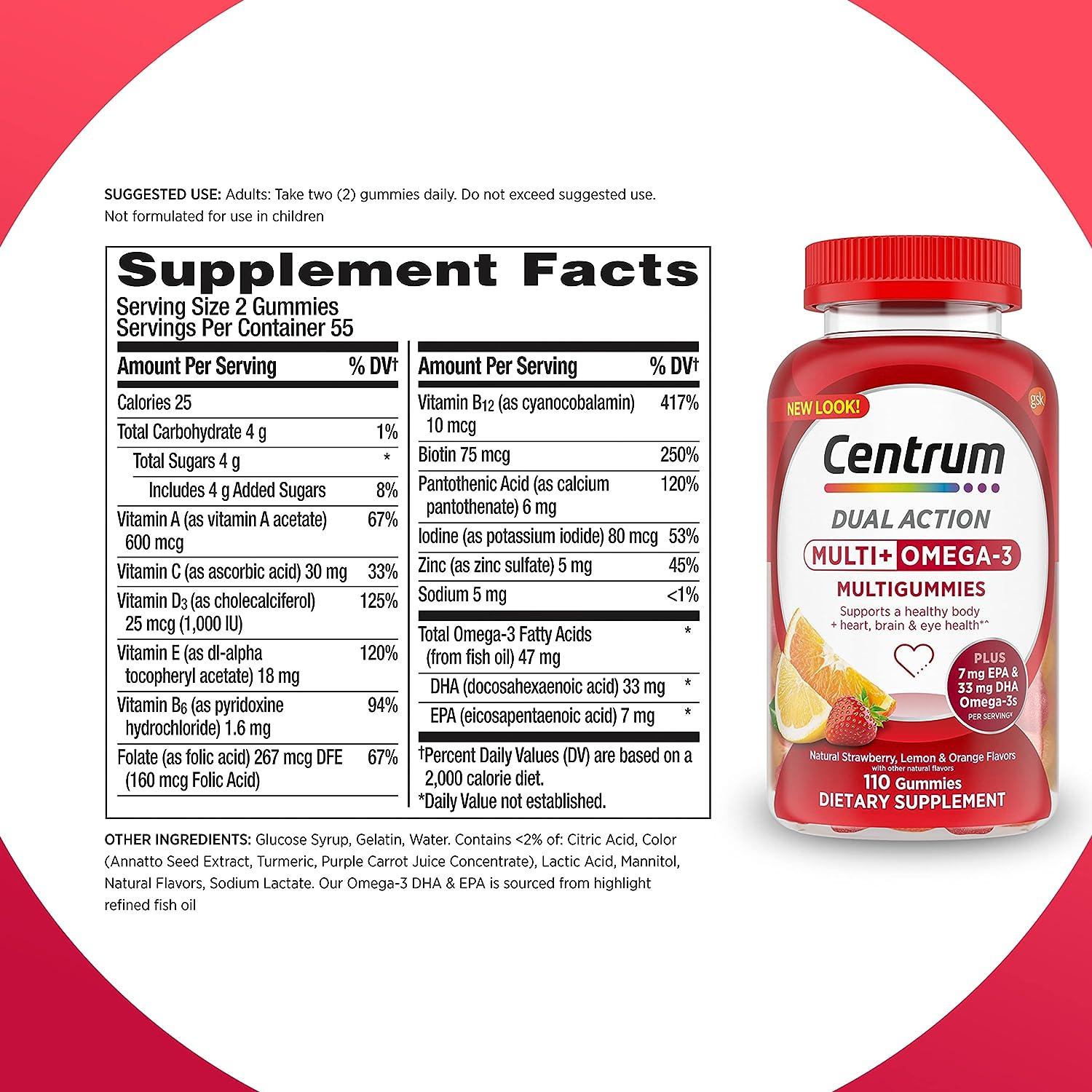 Centrum MultiGummies Multi+ Omega 3 Adult Multivitamin 110 Count ...