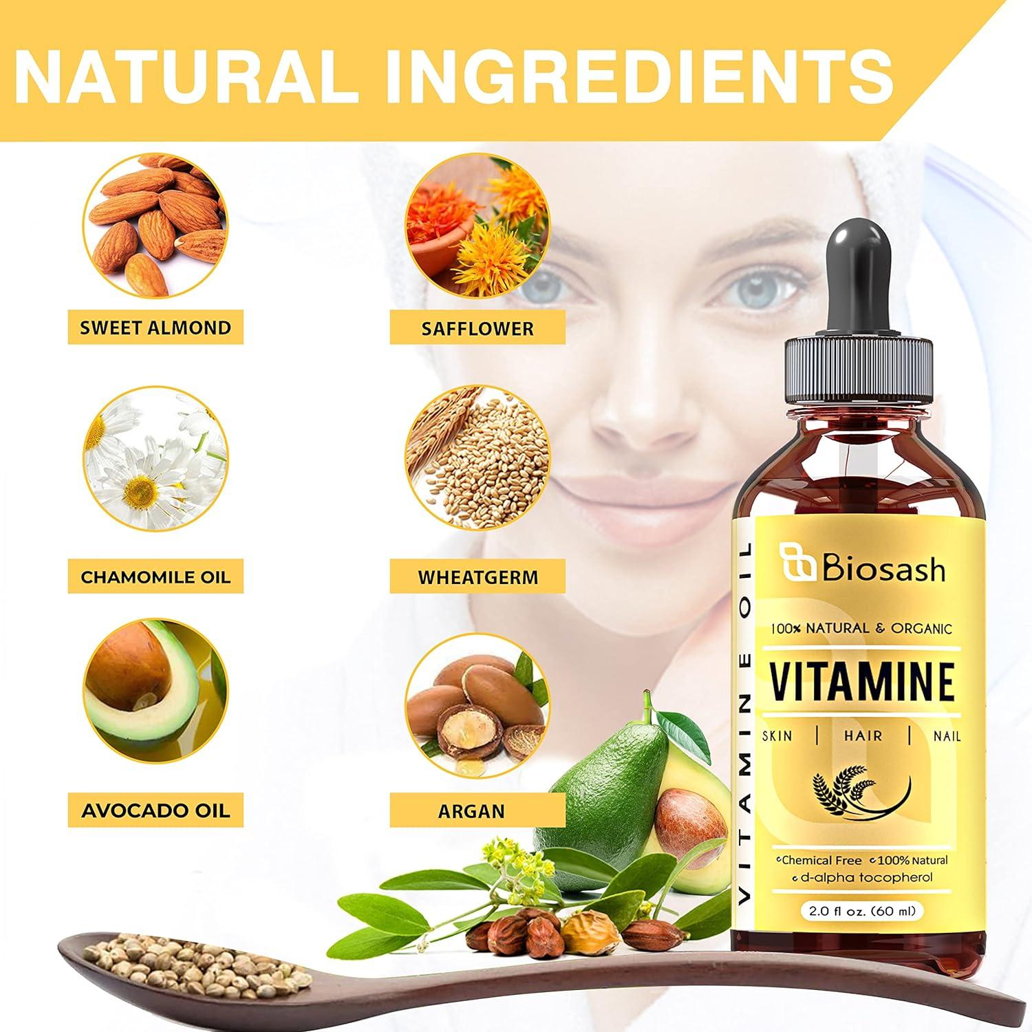 Biosash 100% Pure Vitamin E Oil for Skin, Face, Hair Growth - Organic ...