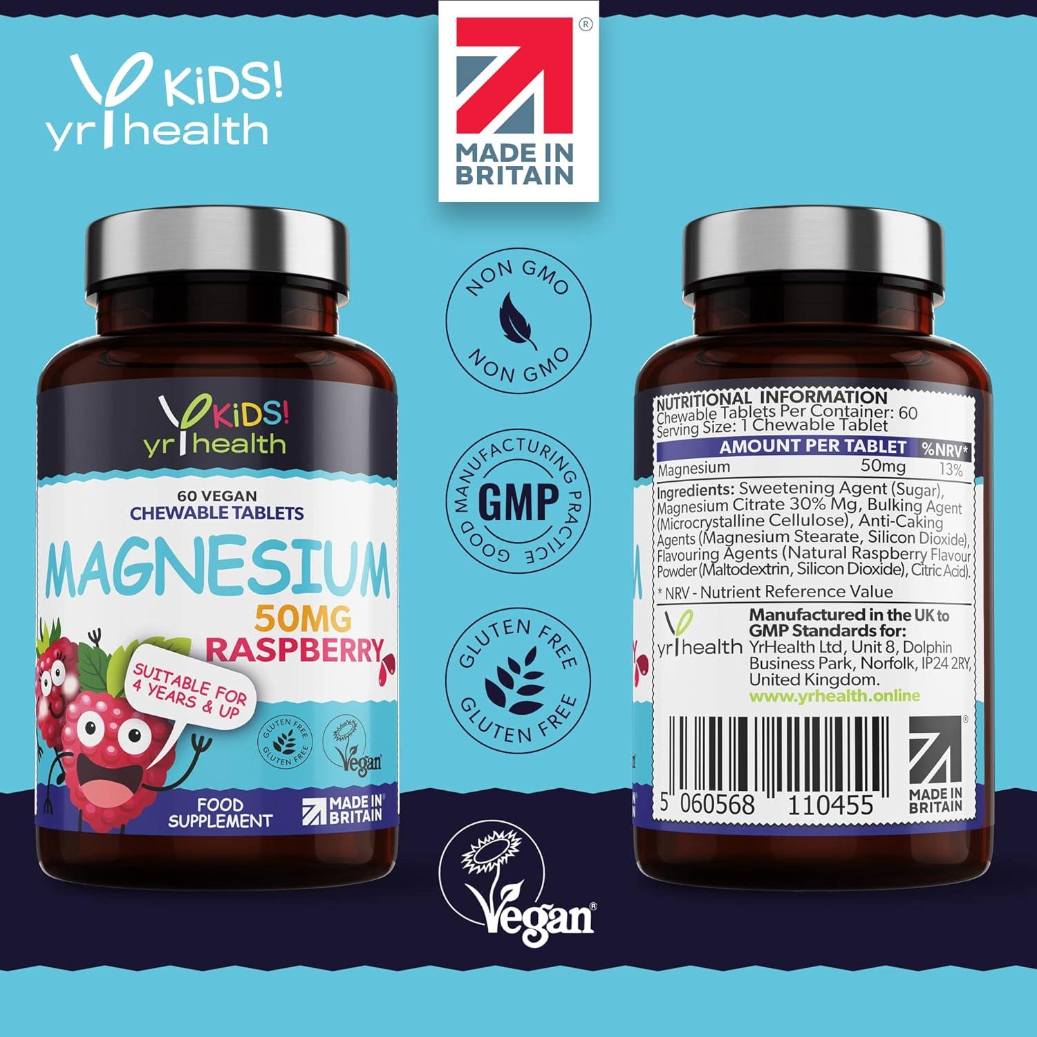 Kids Magnesium Tablets for Sleep & Anxiety 50mg - Chewable Raspberry ...