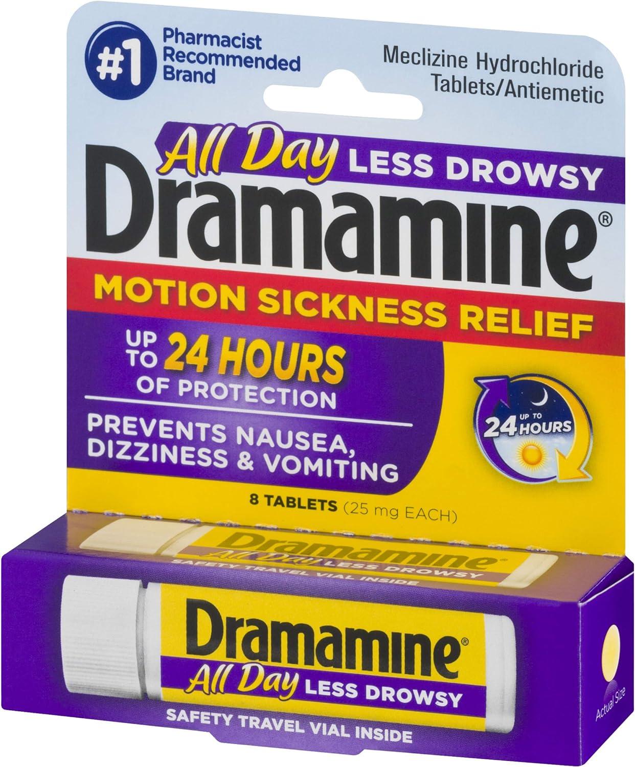 Dramamine All Day Less Drowsy Motion Sickness Relief | 8 Count | 2 Pack