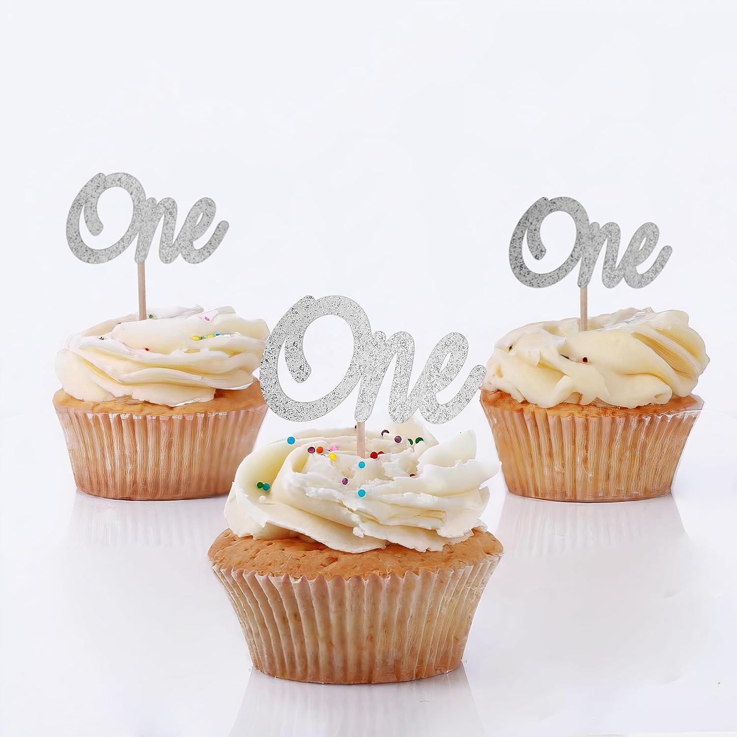 XOXOKristin 24 PCS Silver Glitter One Cupcake Topper for Baby First ...