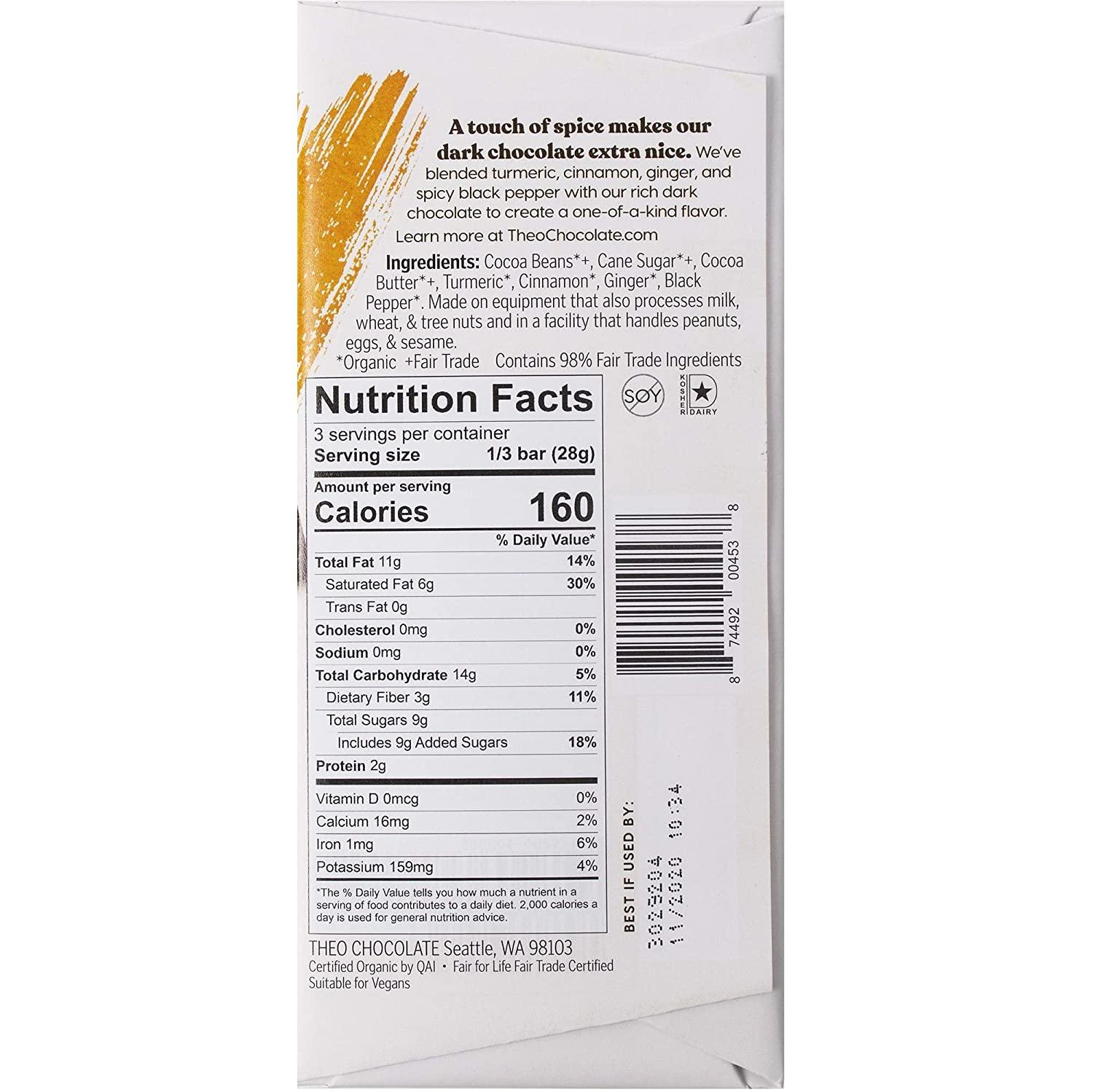 Theo Chocolate Turmeric Spice Dark Chocolate Bar 70% Cacao | Organic ...