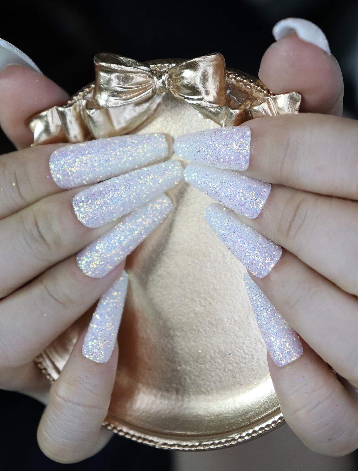 MISUD Glitter Long Coffin Fake Nails - White Ballerina Shape Acrylic ...
