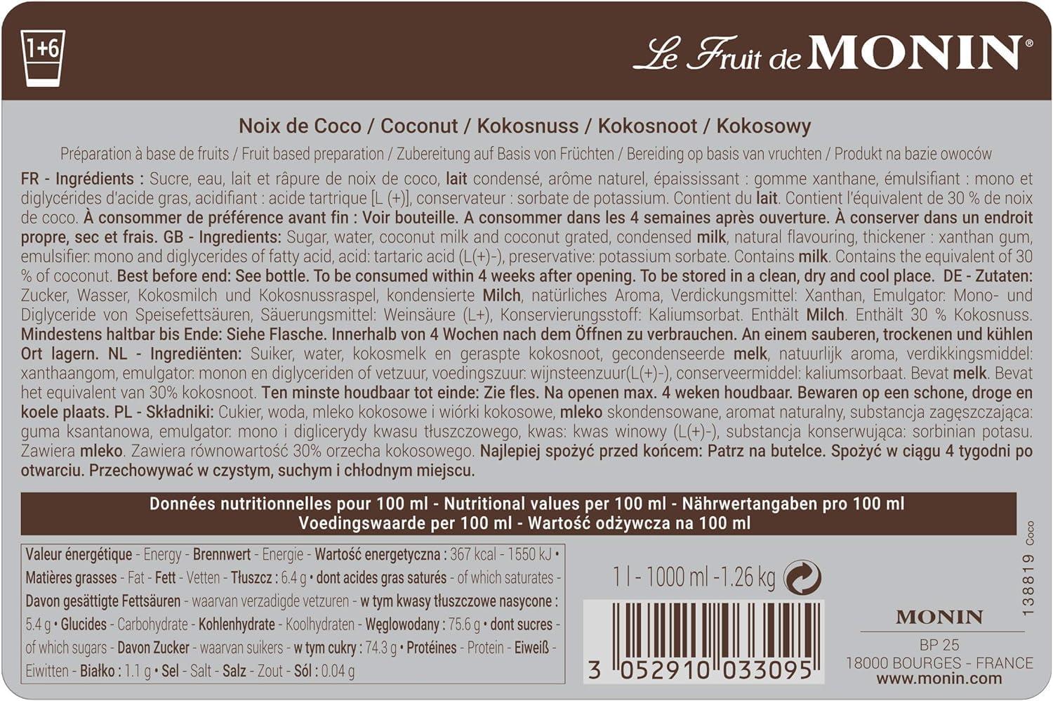 Monin Coconut Puree 1L - Pack of 2 with World Food Shop Scoop | Natural ...