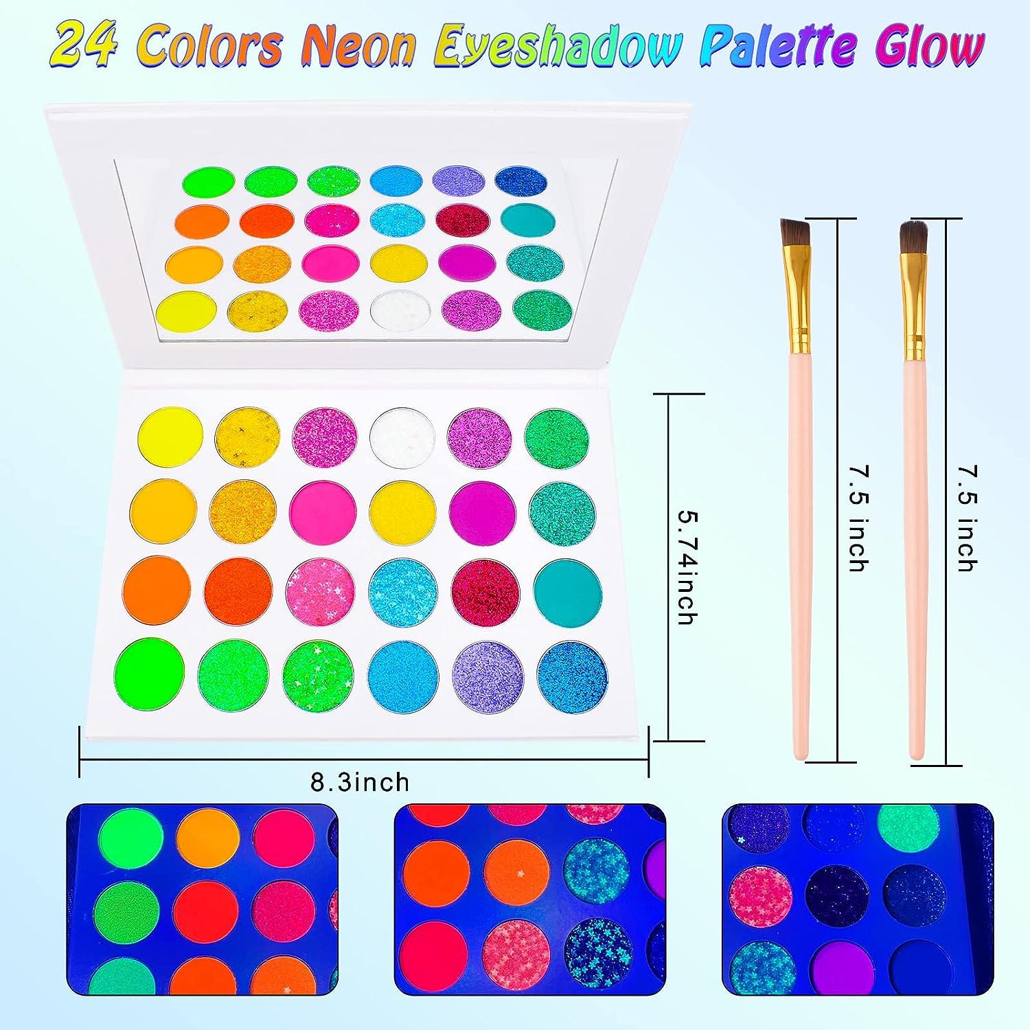 24 Colors Neon Eyeshadow Palette - Glow in the Dark Matte and Glitter ...